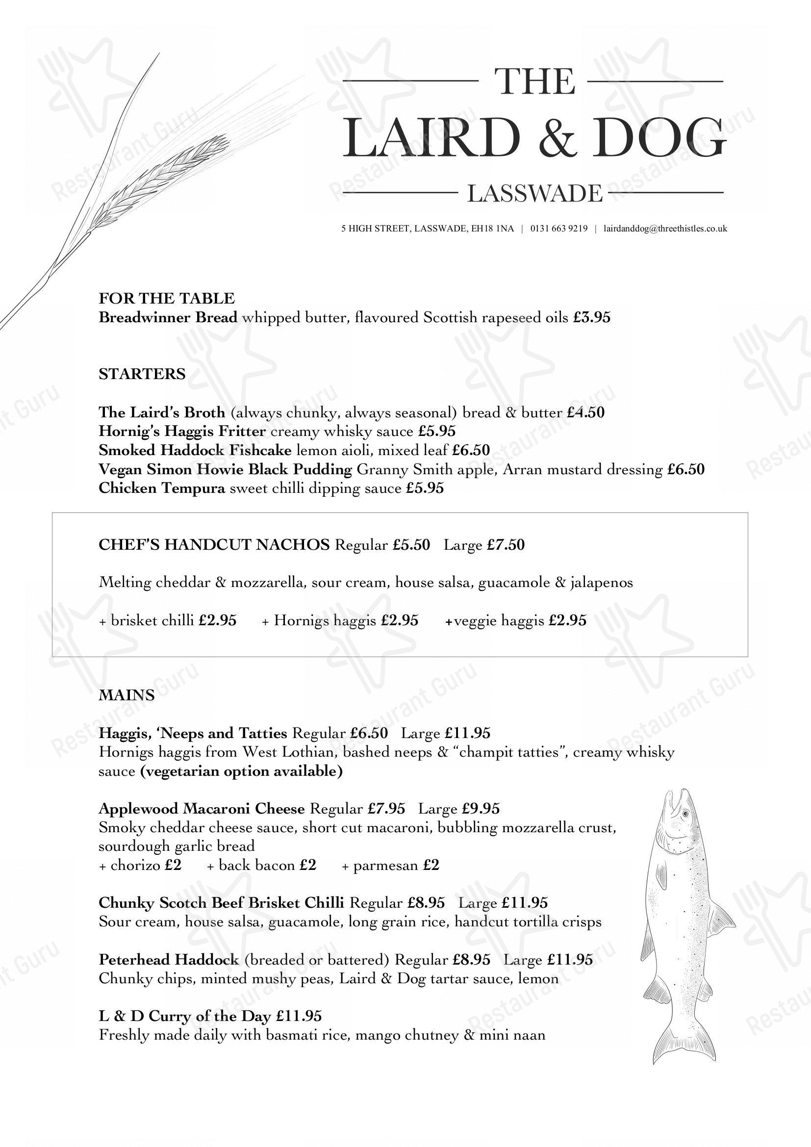 Menu at Laird & Dog Inn restaurant, Lasswade
