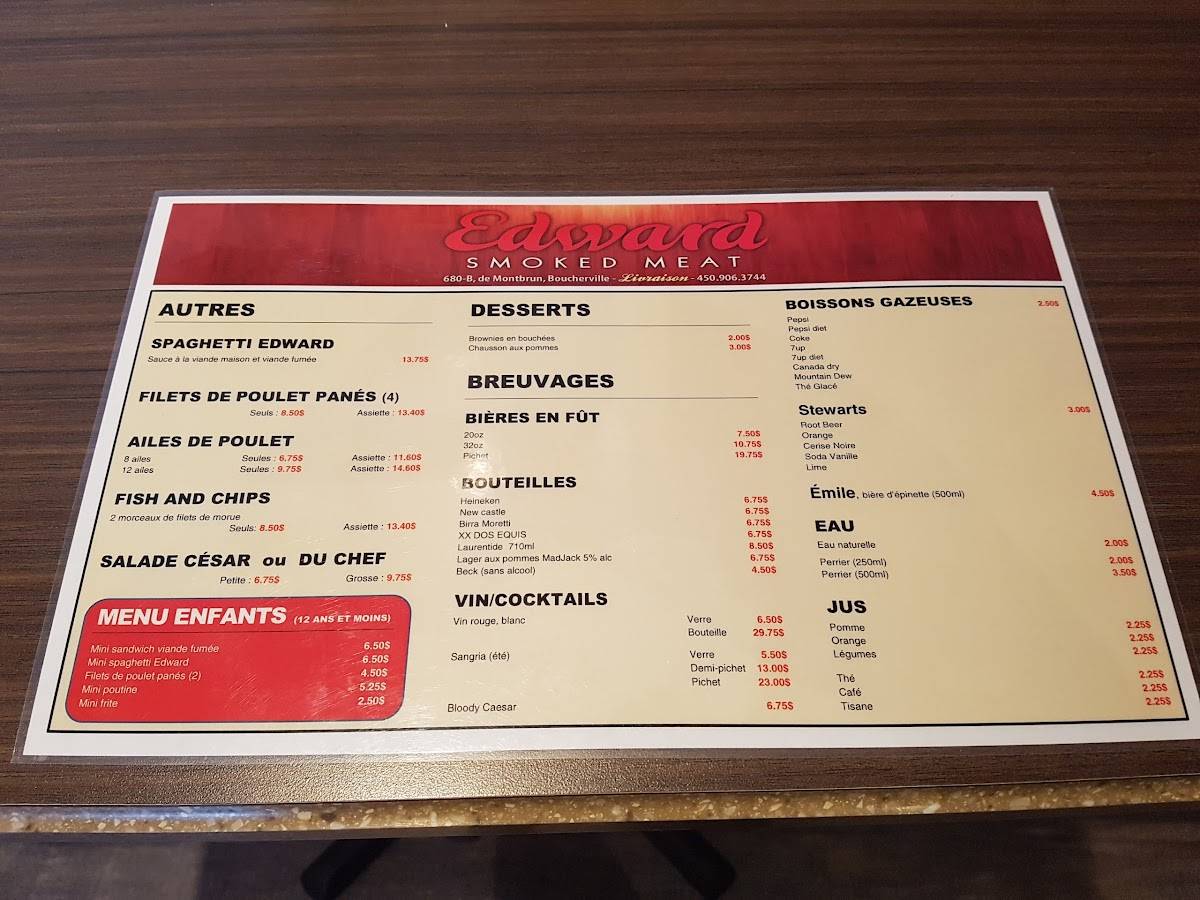 Menu au Edward Smoked Meat restaurant, Boucherville