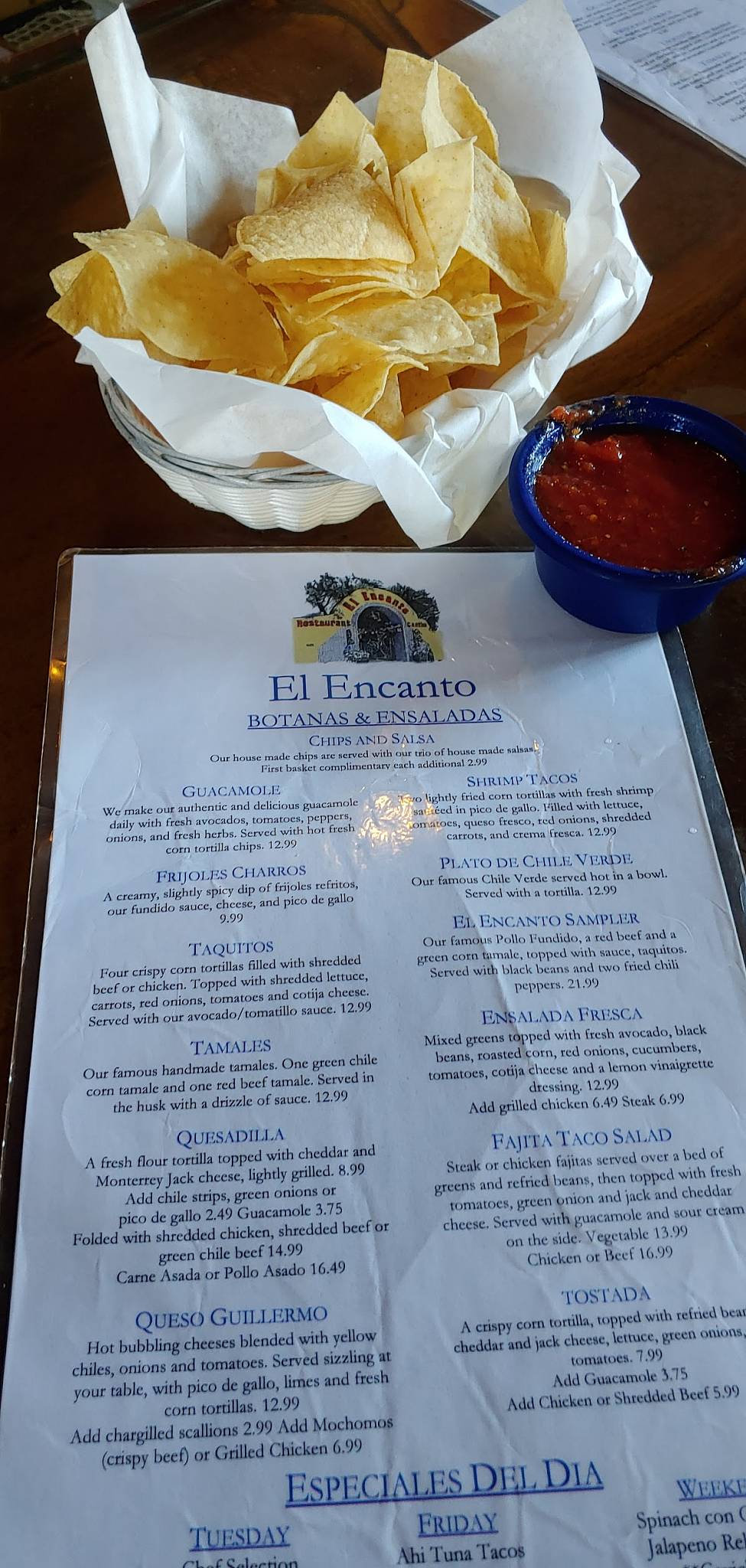 Menu at El Encanto restaurant, Cave Creek, E Cave Creek Rd
