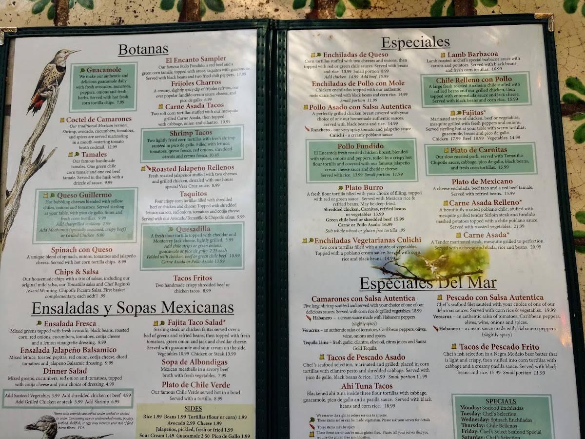 Menu at El Encanto restaurant, Cave Creek, E Cave Creek Rd