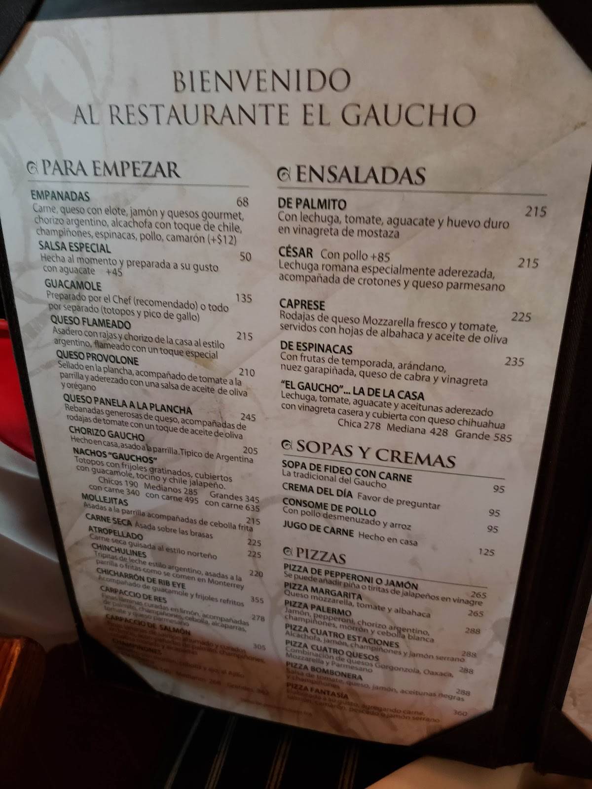Carta del restaurante El Gaucho del Monterrey, Monterrey, Arroyo Seco # 100