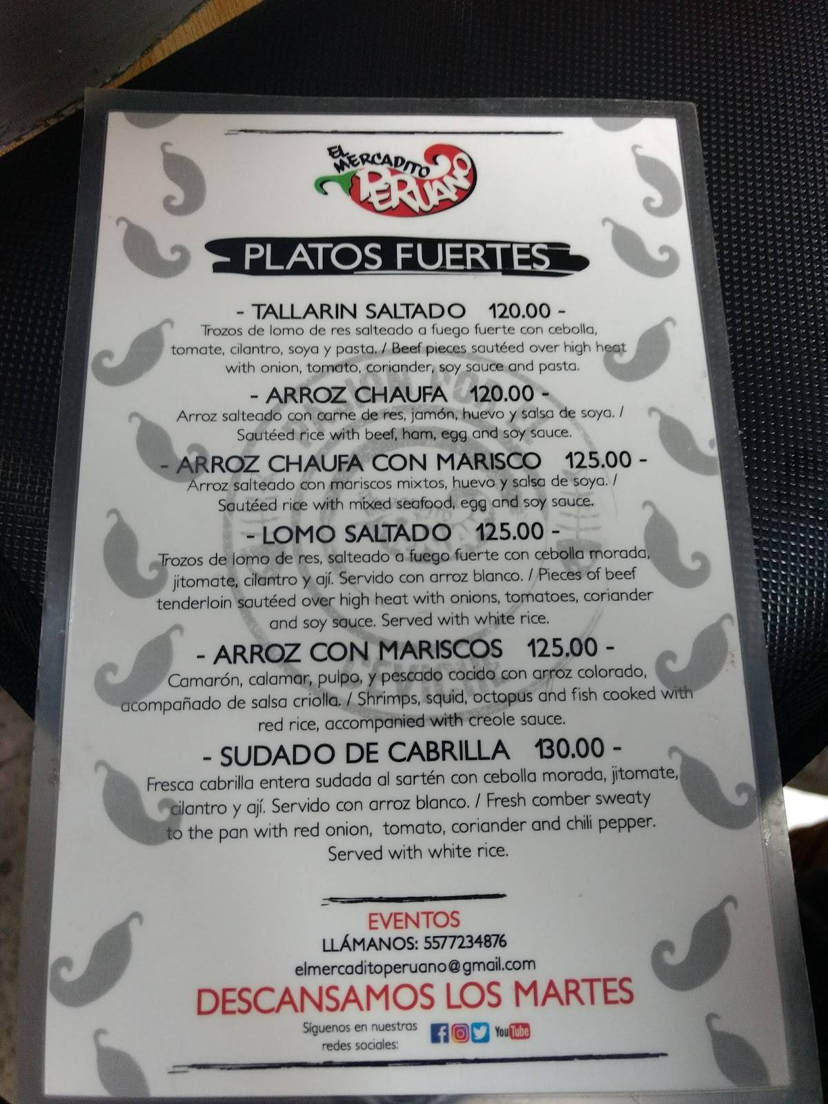 Carta del restaurante El Mercadito Peruano, Ciudad López Mateos, Calle ...