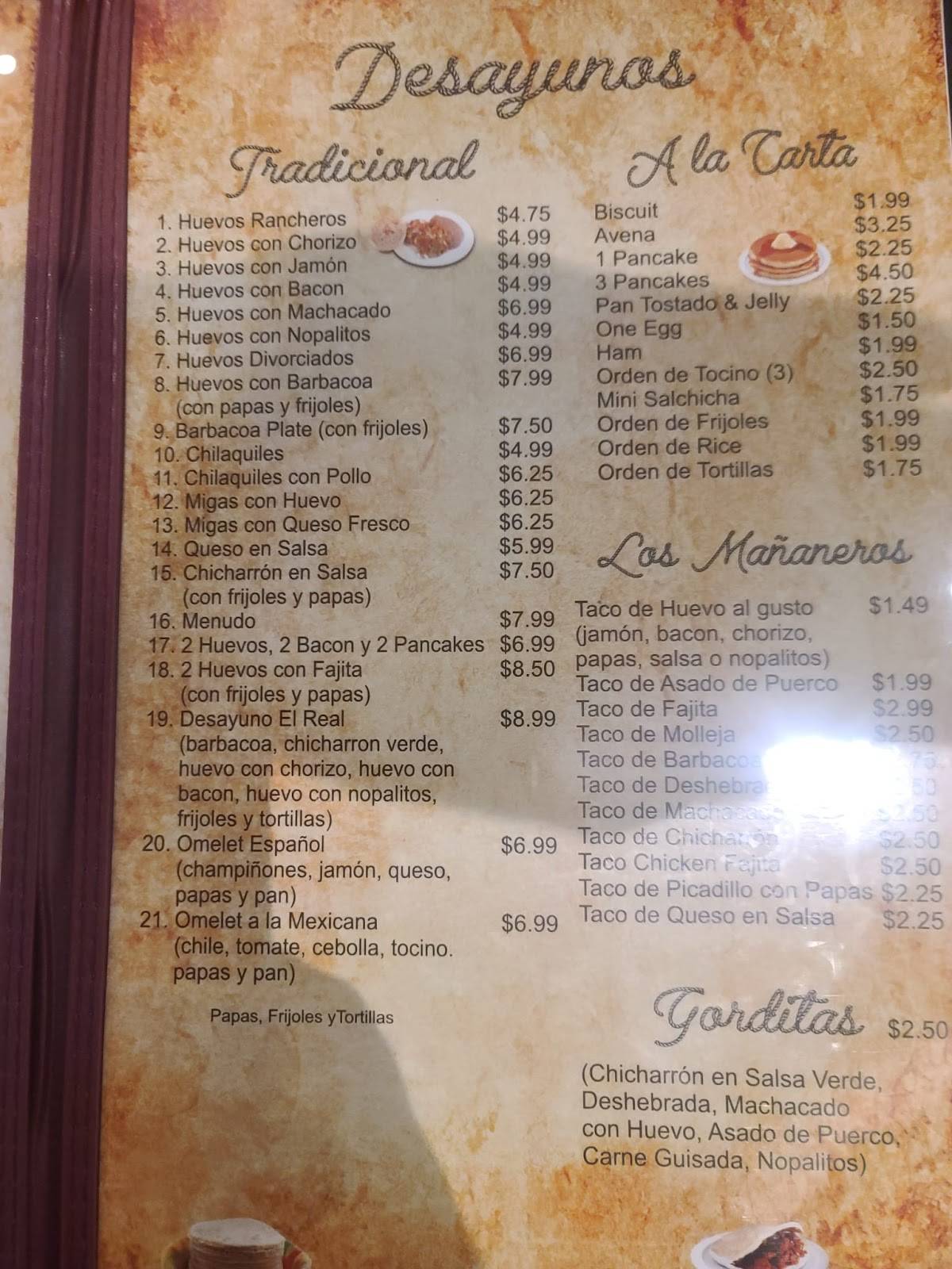 Menu at El Real 2 restaurant, La Joya