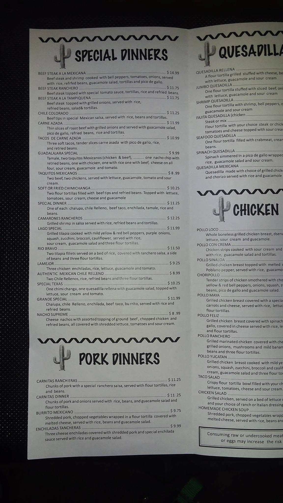 Menu at El Rincon restaurant, Akron