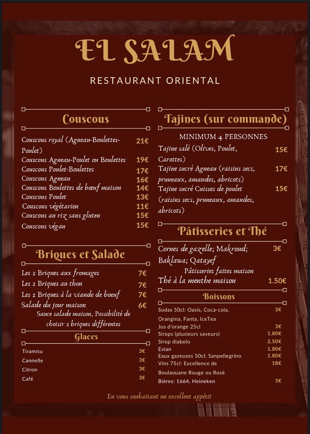 Menu au El Salam restaurant, Cran-Gevrier