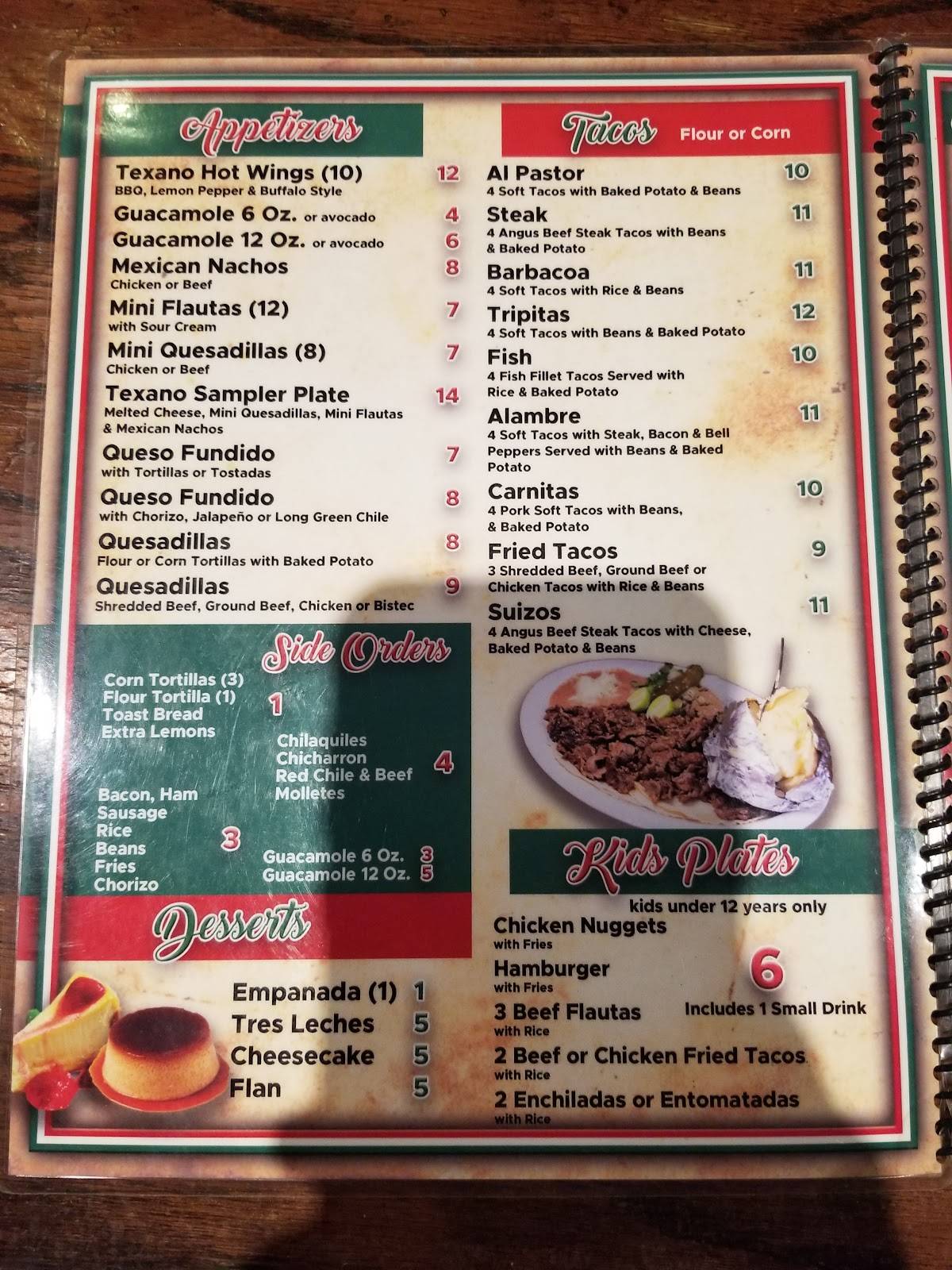 Menu at El Texano Mexican Restaurant, El Paso, Pendale Rd