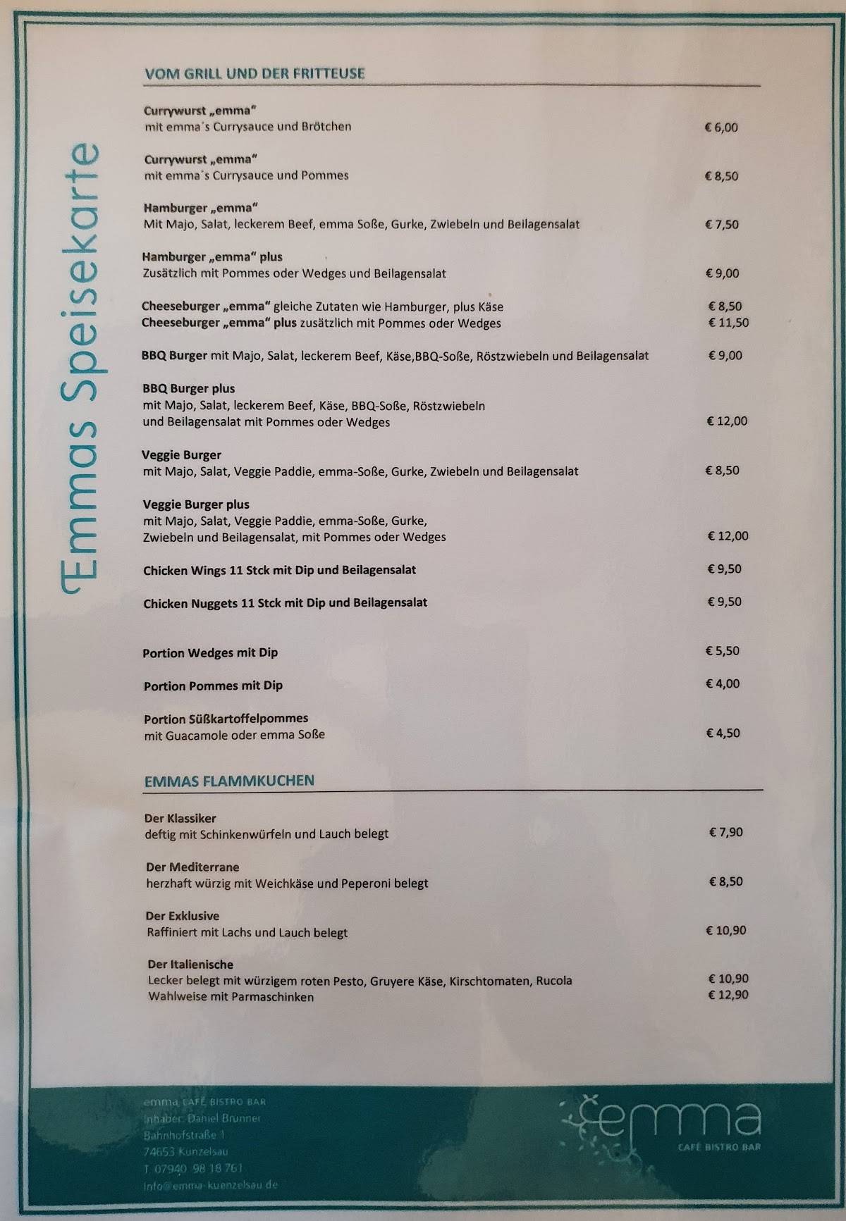 Speisekarte von Emma Café Bistro Bar, Künzelsau