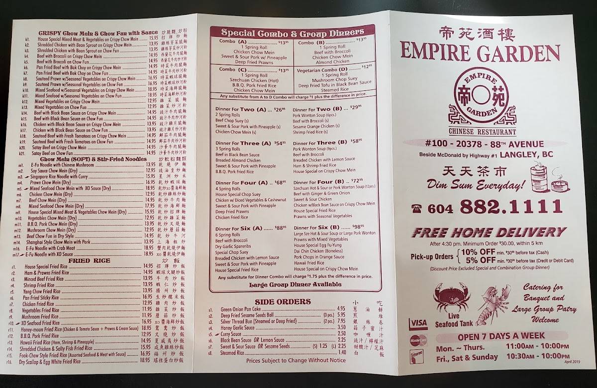 Menu at Empire Garden Chinese Restaurant, Langley Township, 88 Ave