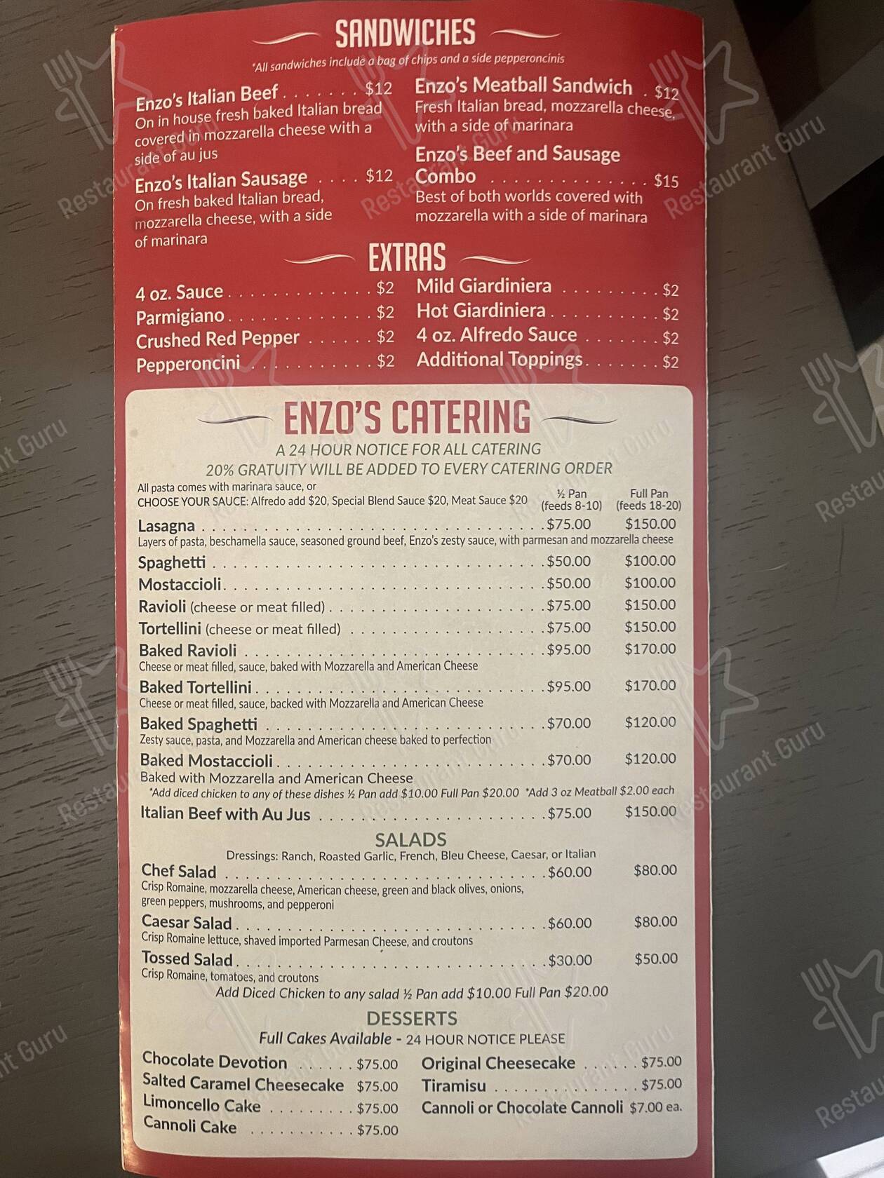 Menu at Enzo's Pizza pizzeria, Elkhorn