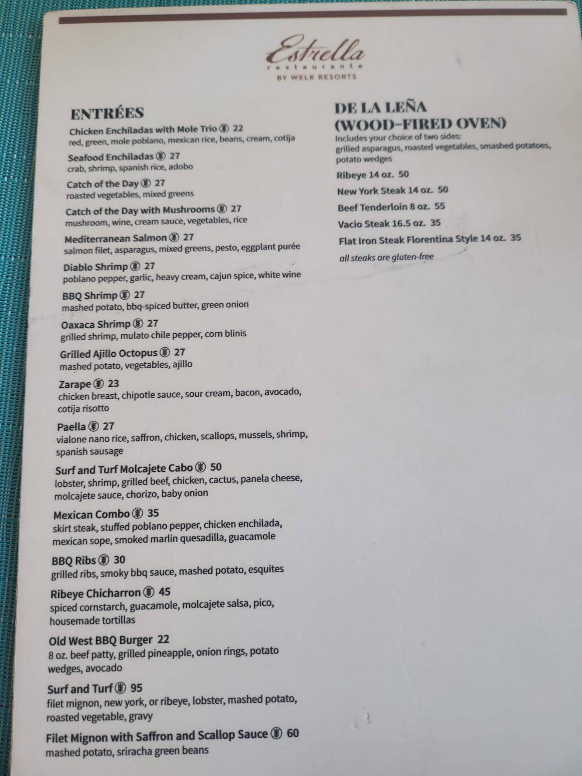 Menu at Estrella restaurant, Cabo San Lucas