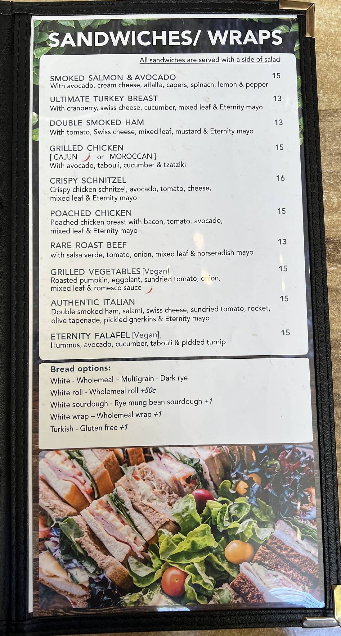 Menu at Eternity Cafe Town Hall Station, Sydney