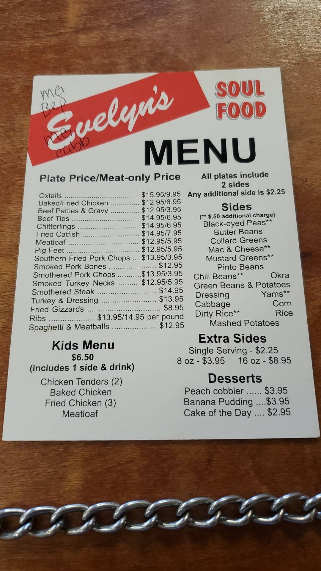 Menu at Evelyn’s Soulfood restaurant, Wharton
