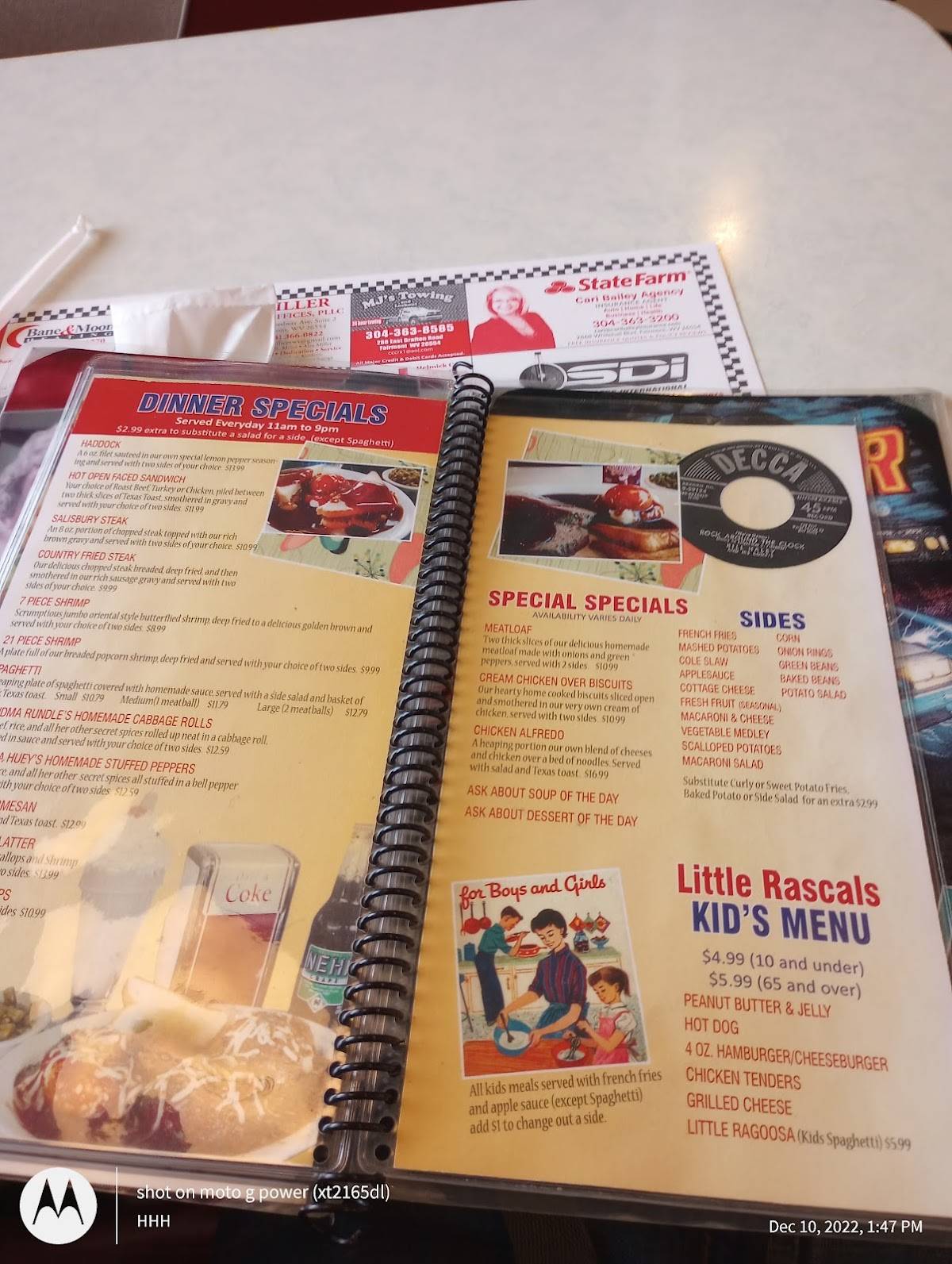 Menu at DJ's 50'S & 60'S Diner restaurant, Fairmont