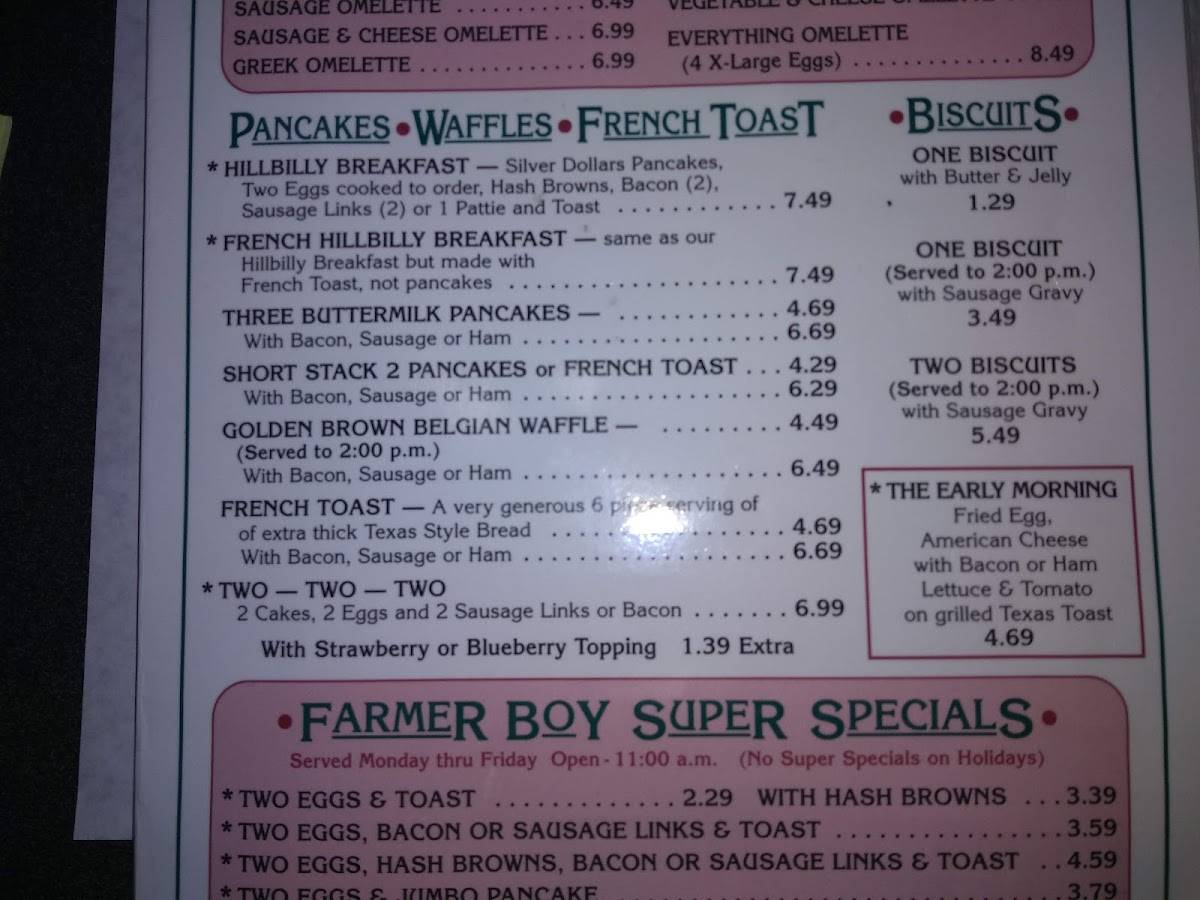 Menu at Farmer Boy Restaurant, Wooster