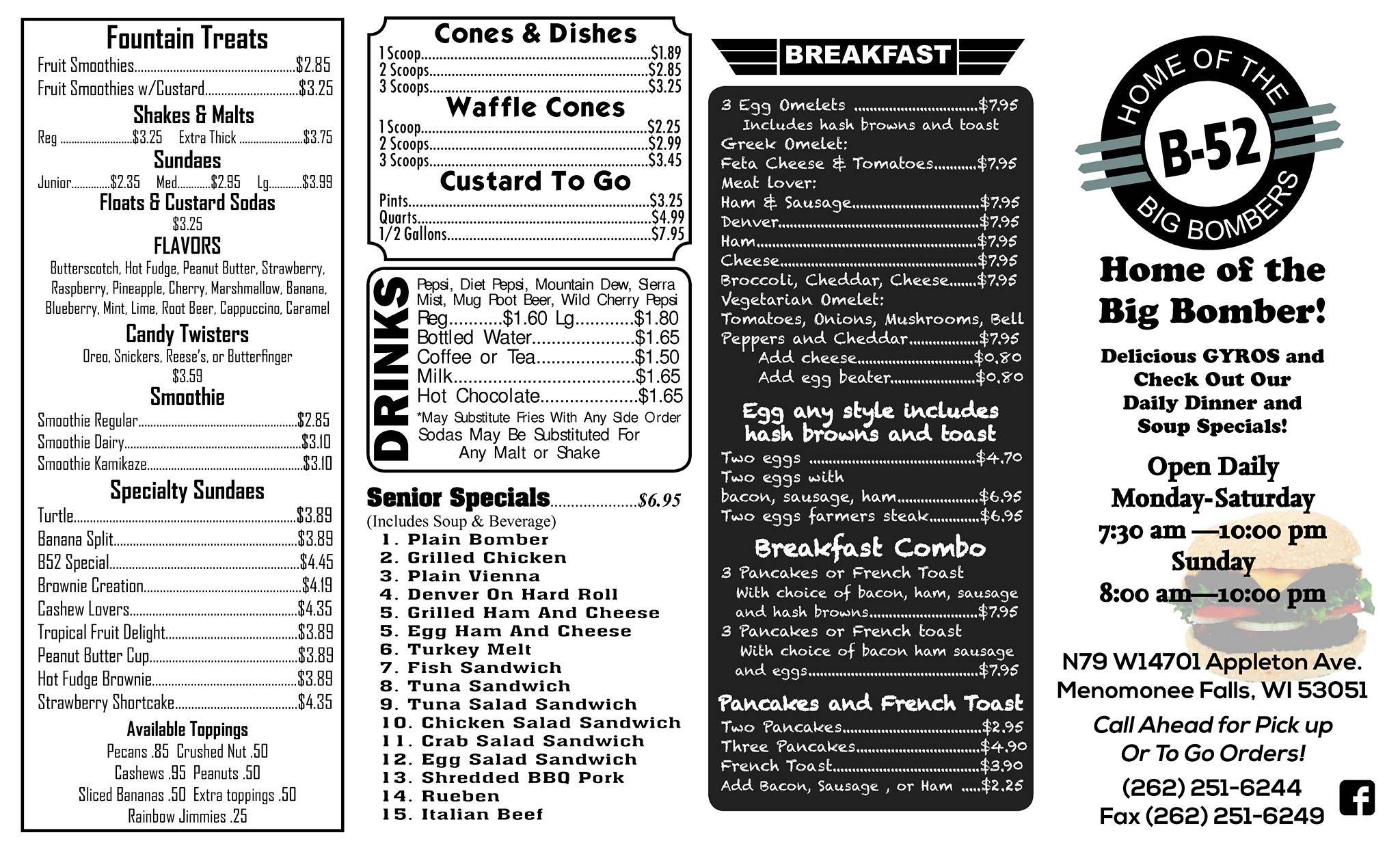 Menu at B52 Bombers fast food, Menomonee Falls