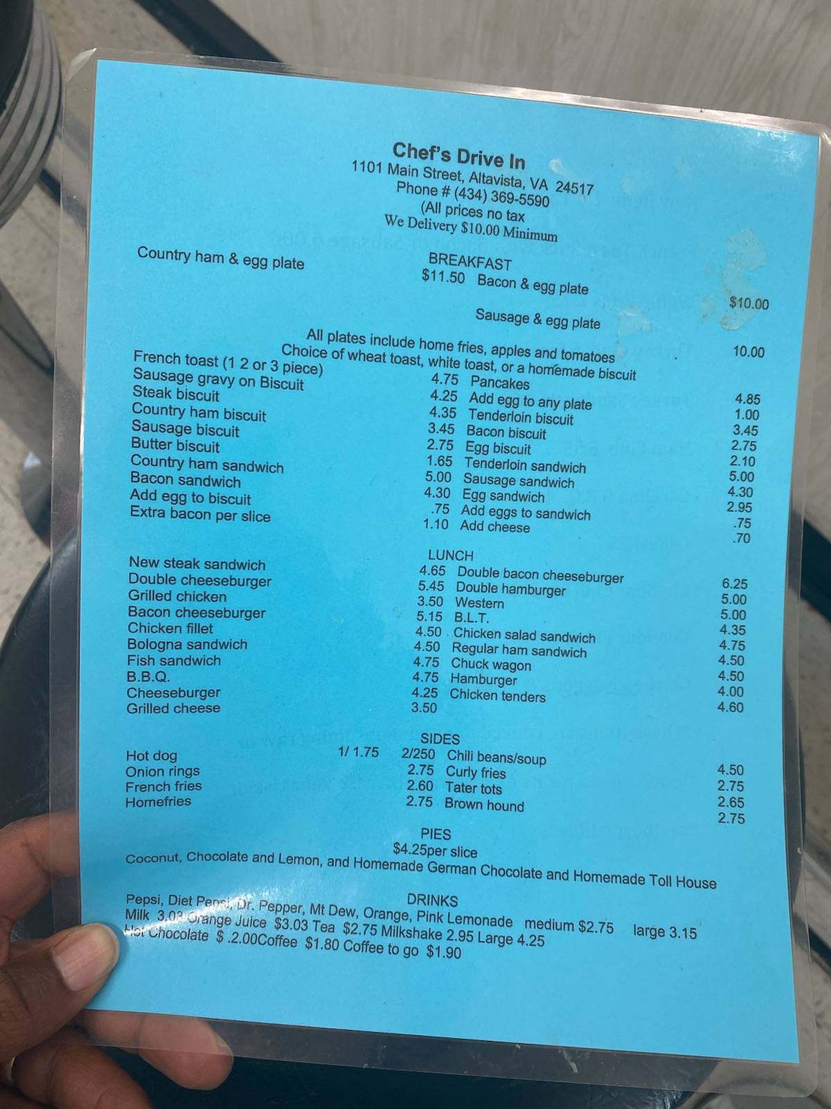 Menu at Chef's Drive-In fast food, Altavista