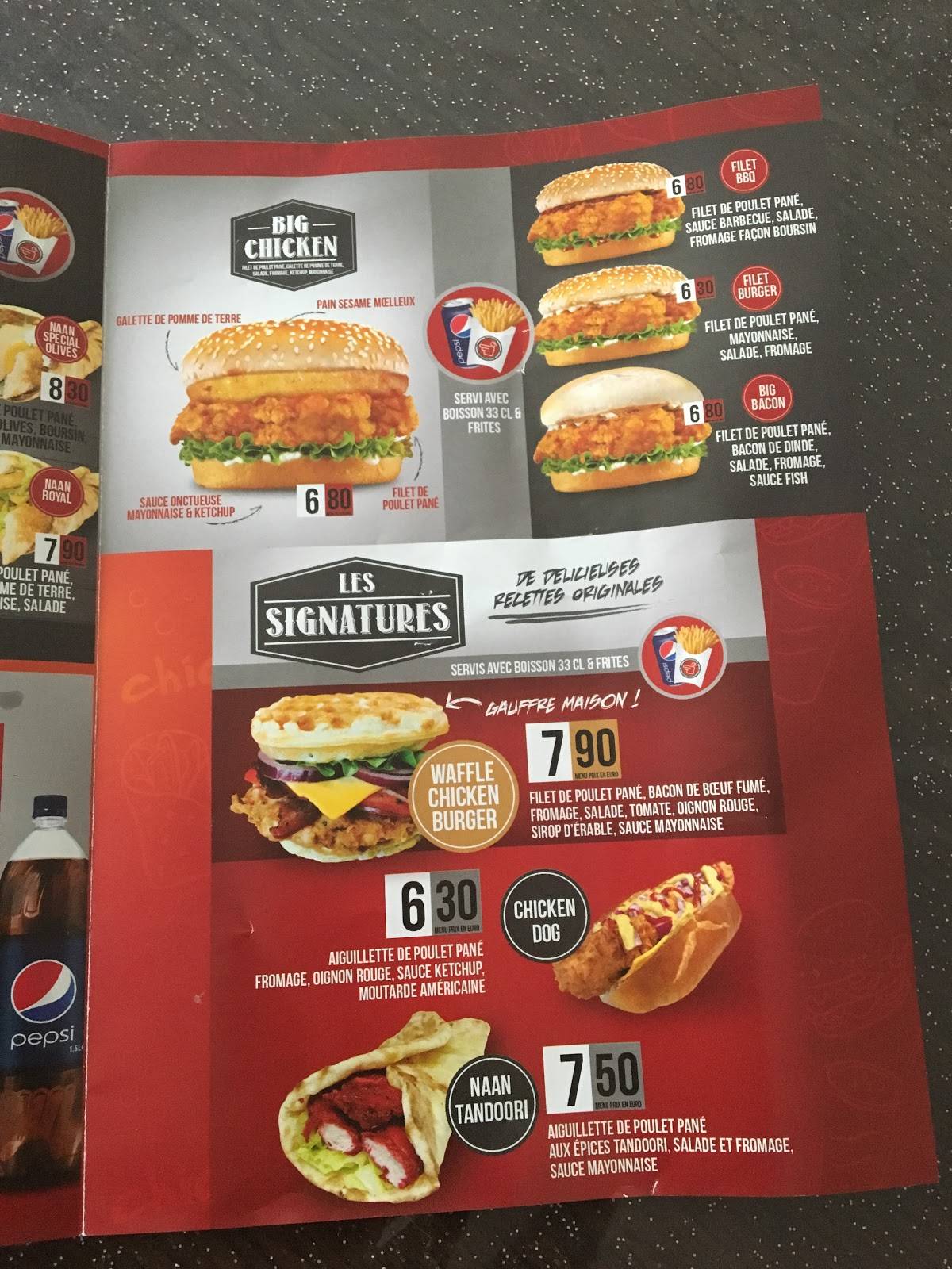 Menu au Chicken Minute officiel fast food, Trappes
