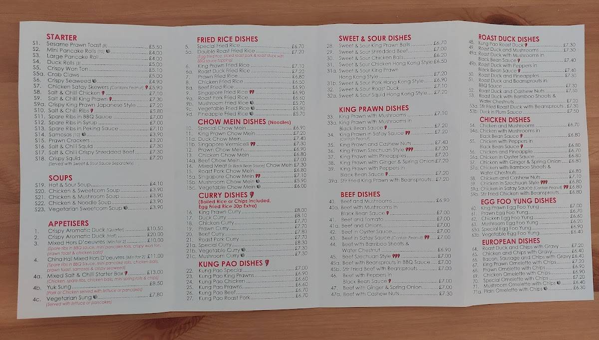Menu at China Hall fast food, Southam