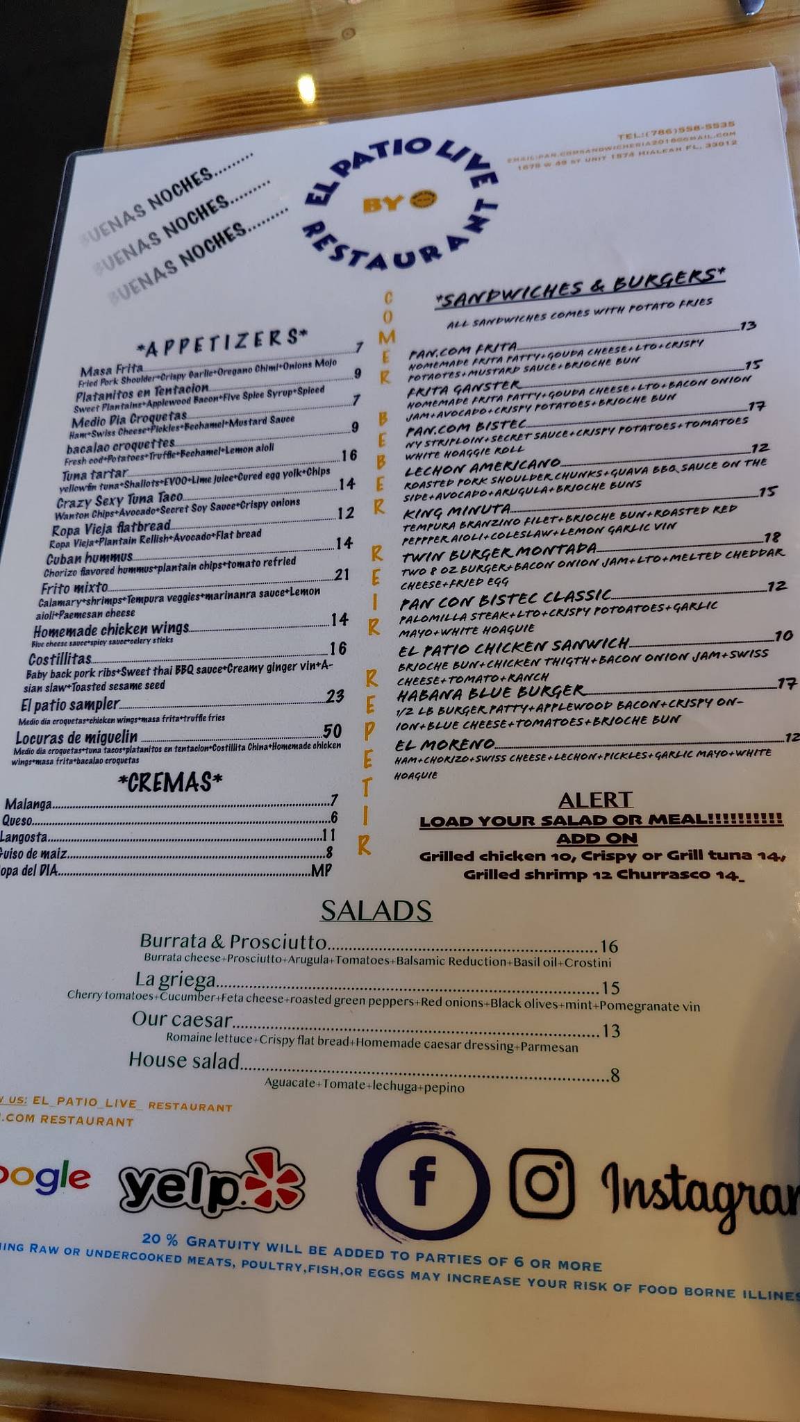 Menu at El Patio Live Restaurante, Hialeah