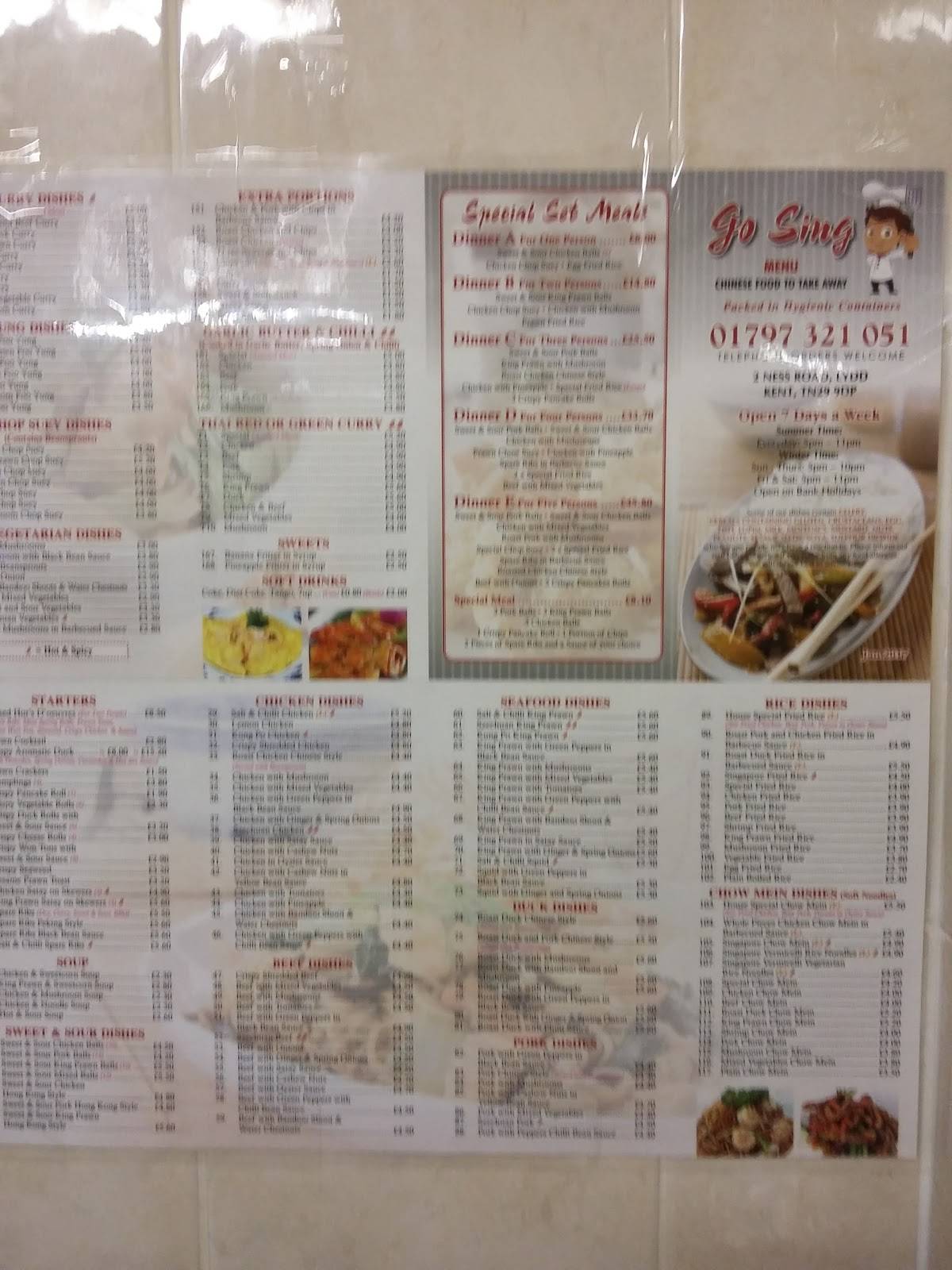 Menu at Go Sing fast food, Lydd