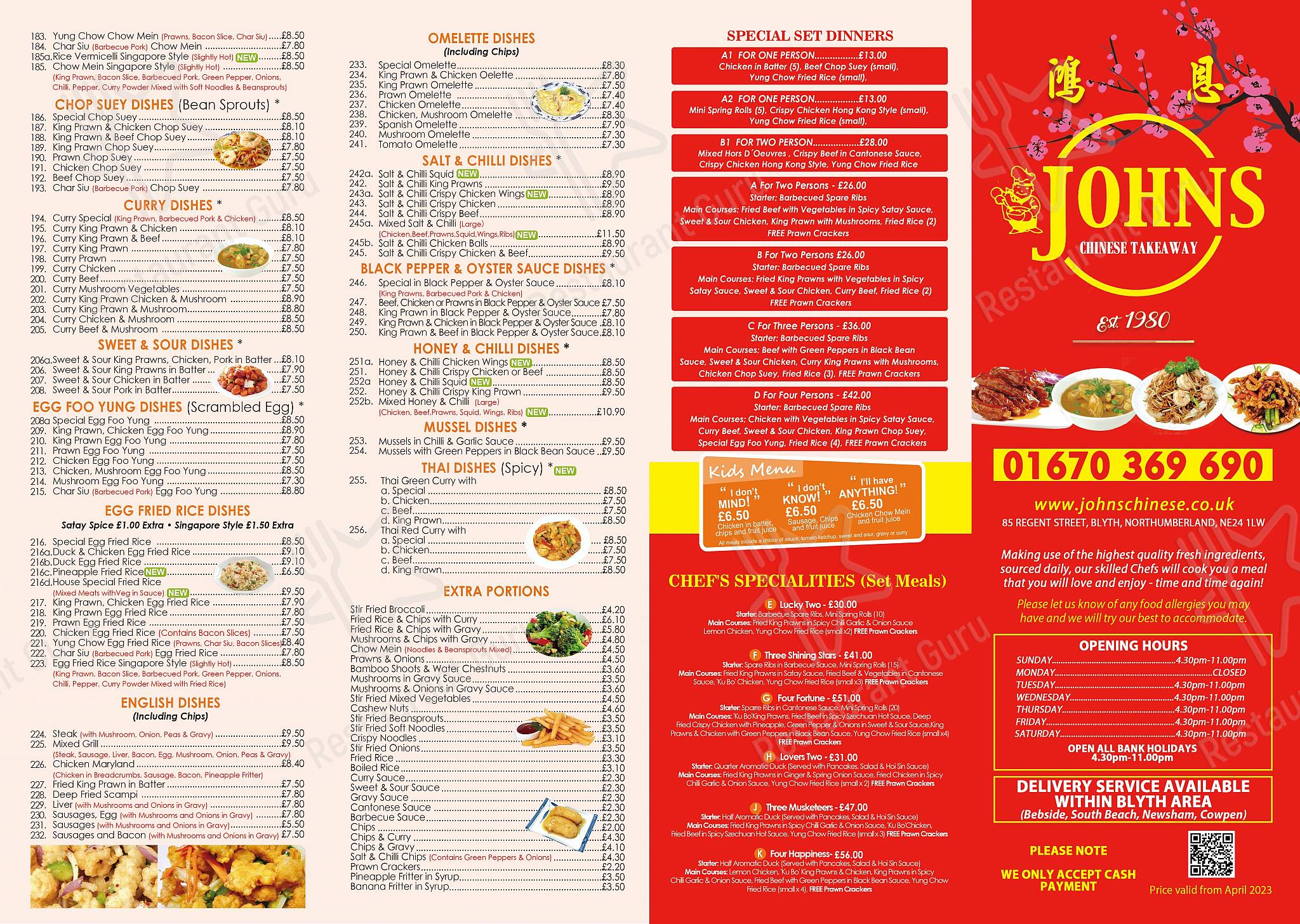Menu at John's Chinese Take Away fast food, Blyth