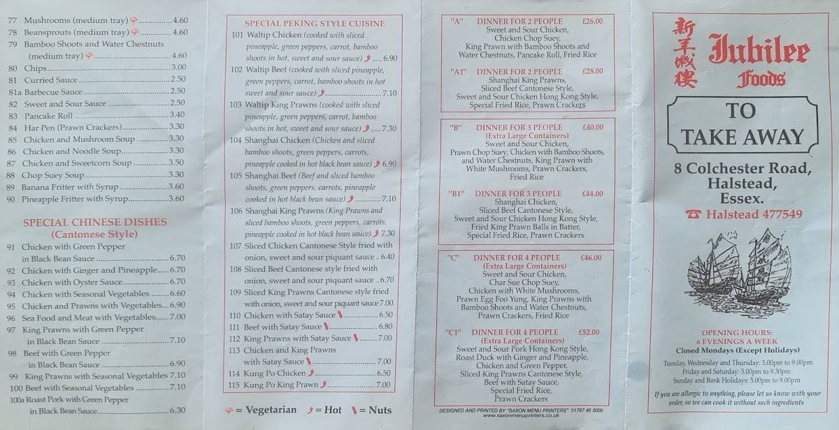 Menu at Jubilee Take Away fast food, Halstead