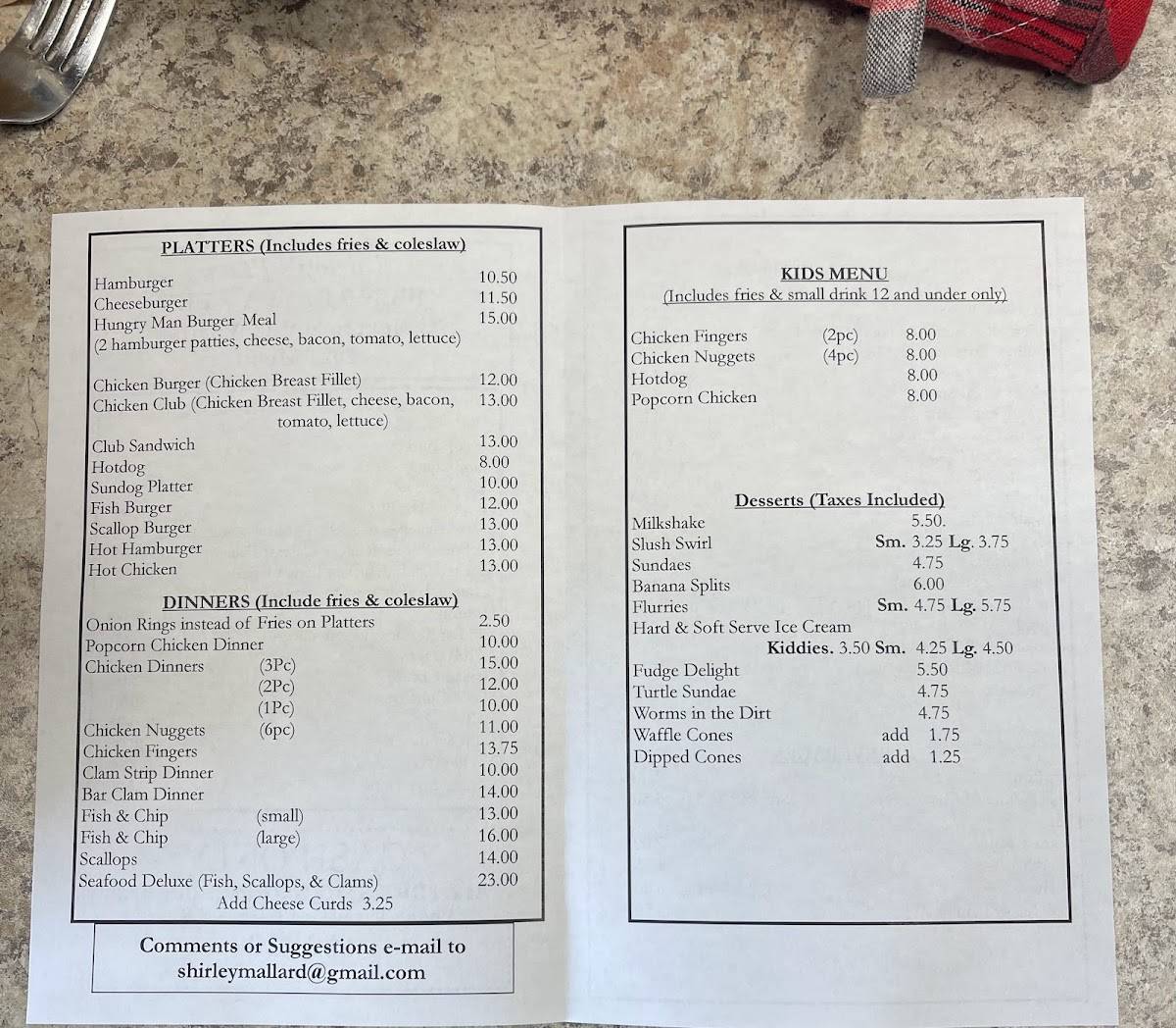 Menu at Shirley's Place fast food, Souris