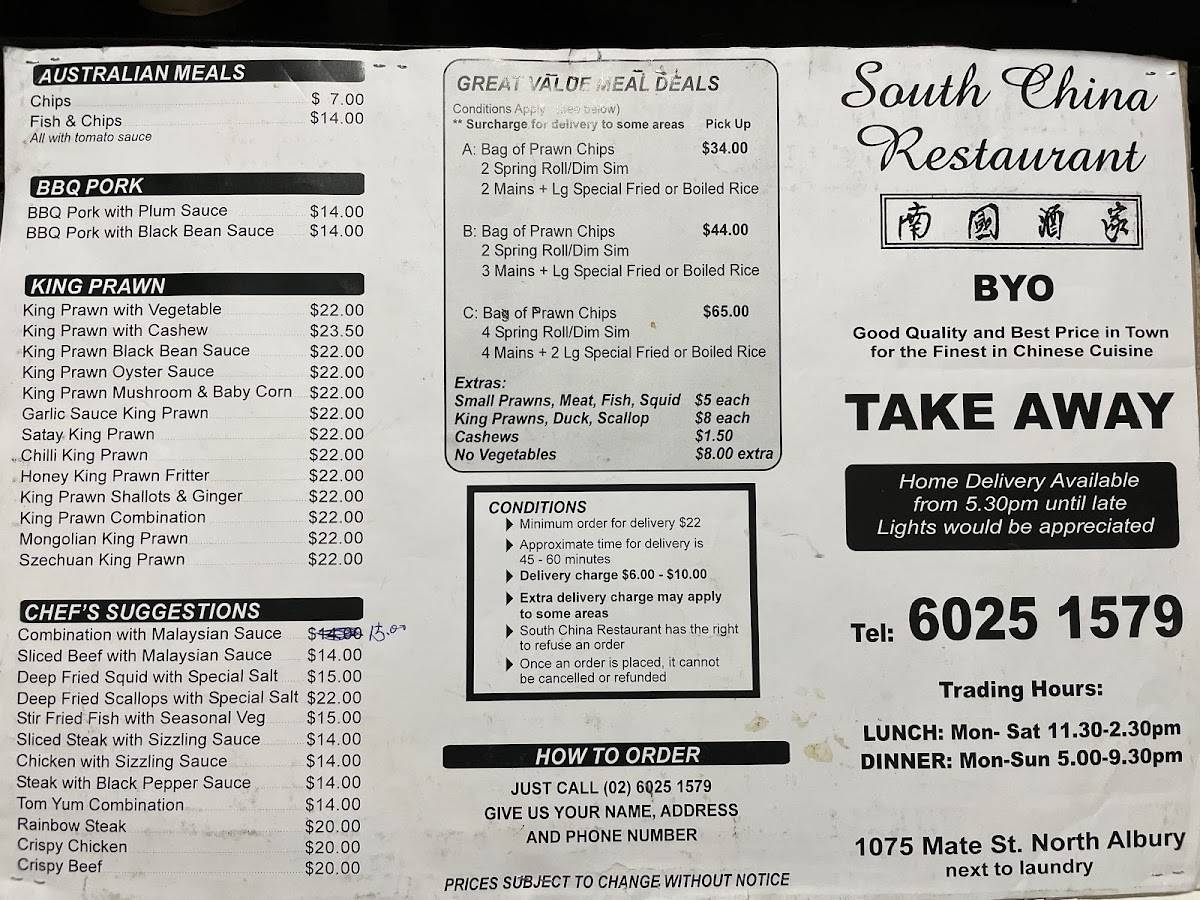 Menu at South China Restaurant, Albury