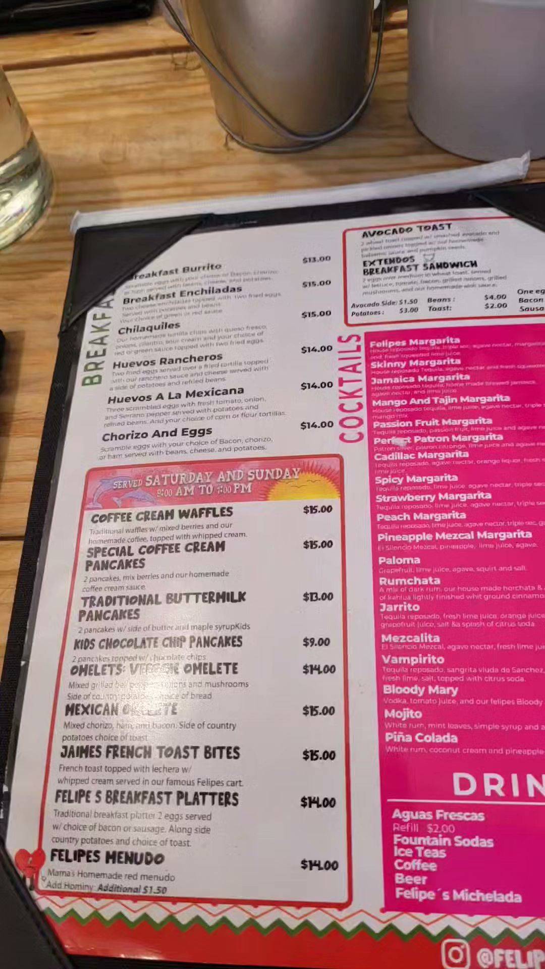 Menu at Felipe's Palm Springs restaurant, Palm Springs