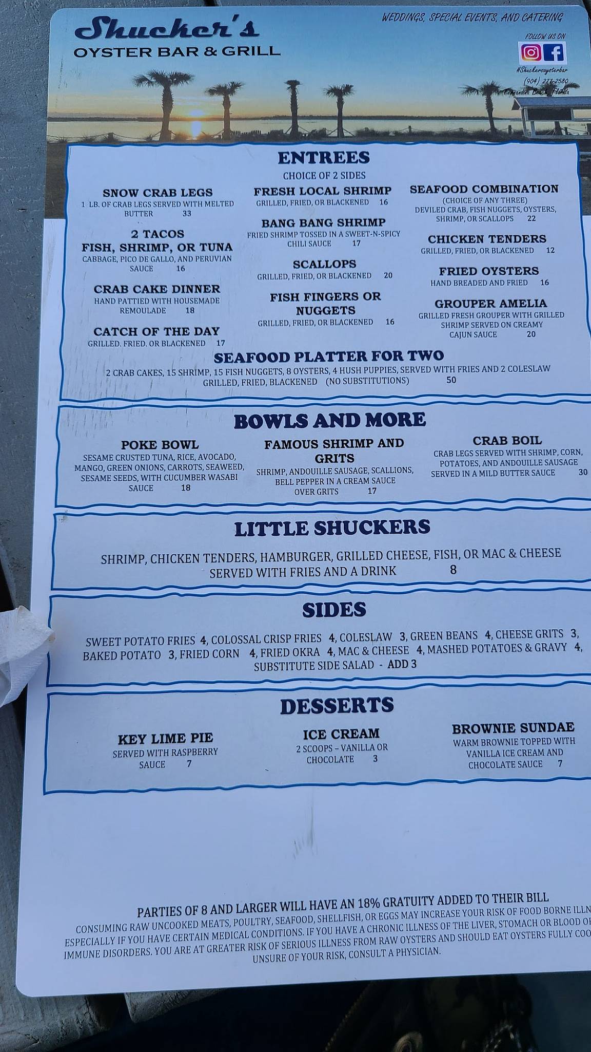 Menu at Shucker's Oyster Bar & Grill, Jacksonville, Wade's Pl
