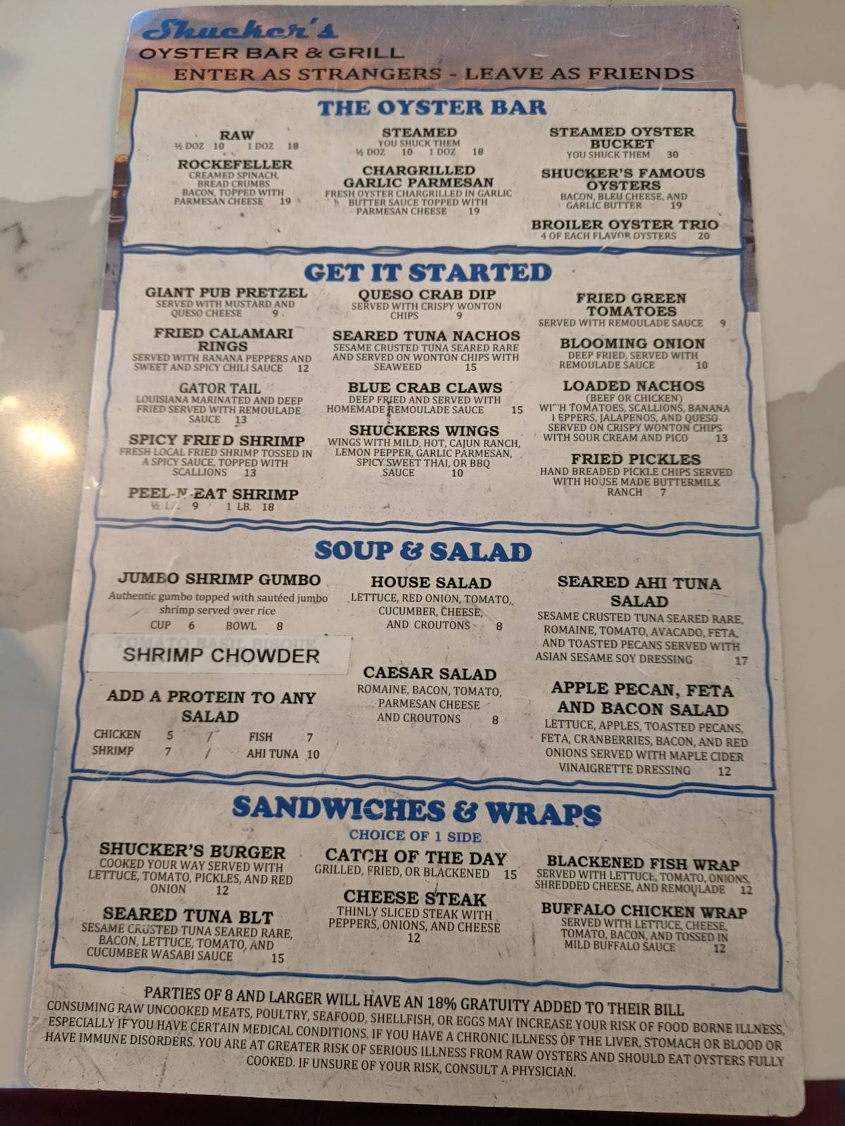Menu at Shucker's Oyster Bar & Grill, Jacksonville, Wade's Pl