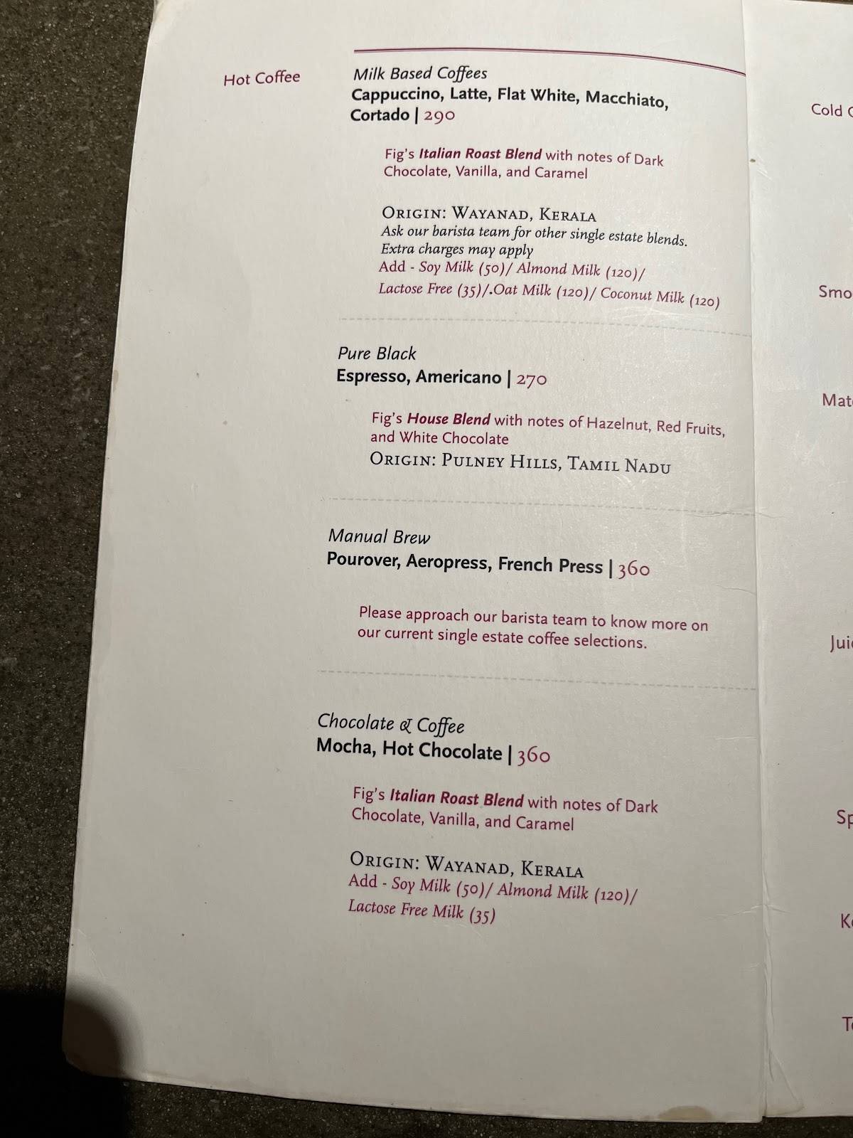 Menu at Fig at Malcha, New Delhi, 3/48, Malcha Marg, Market, Dharam Marg