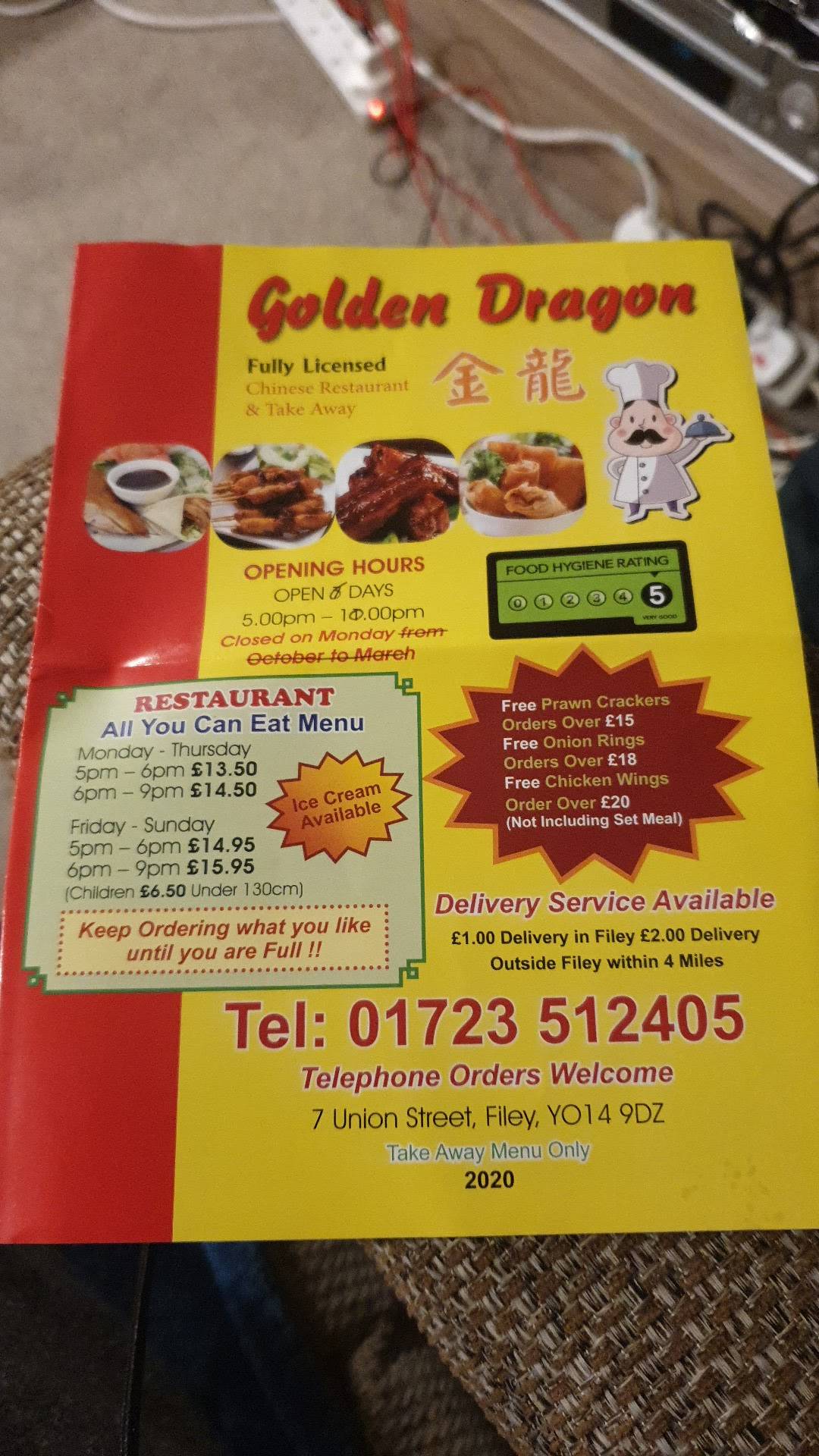 Menu at Golden Dragon restaurant, Filey