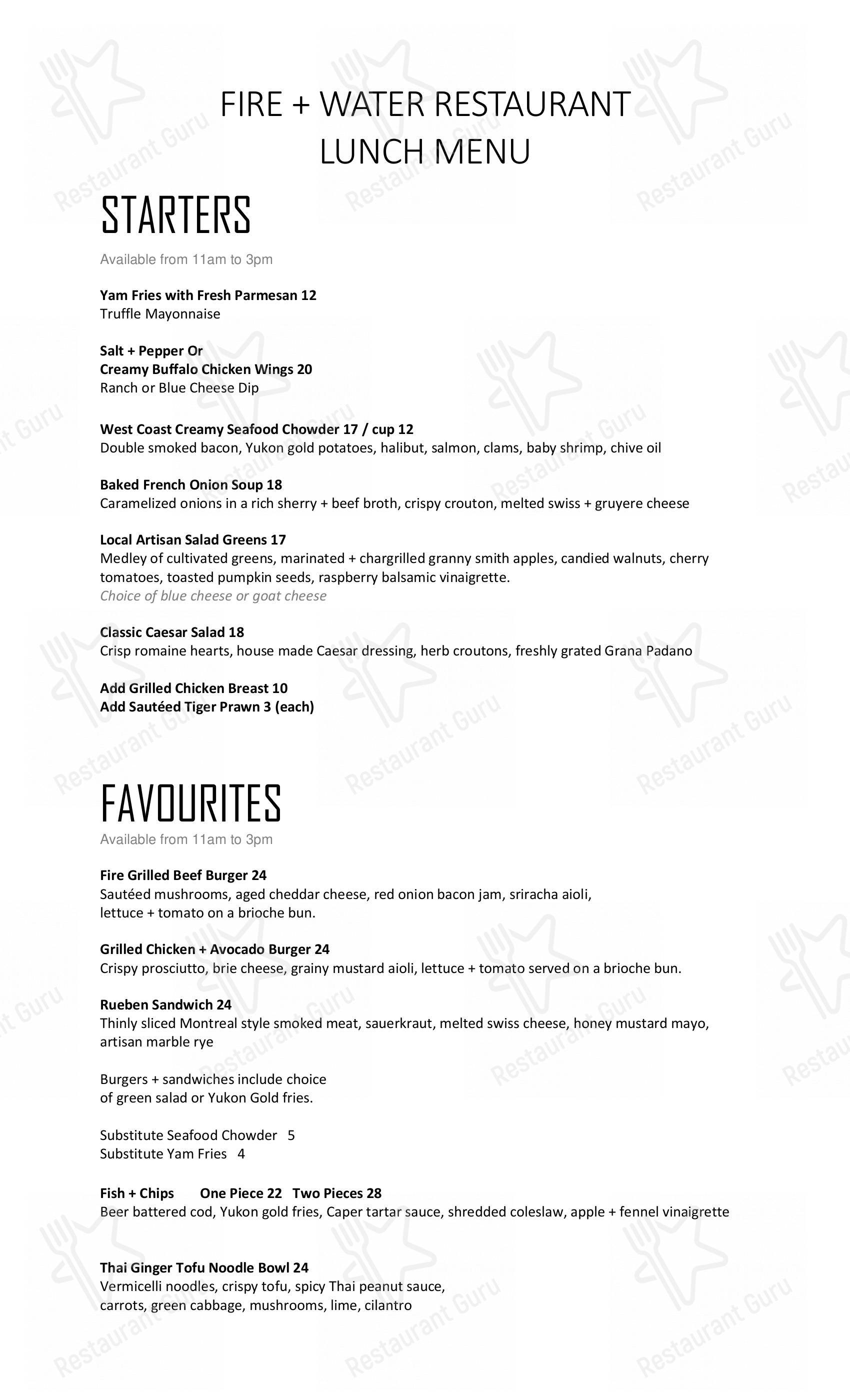 Menu at Fire + Water Restaurant, Victoria