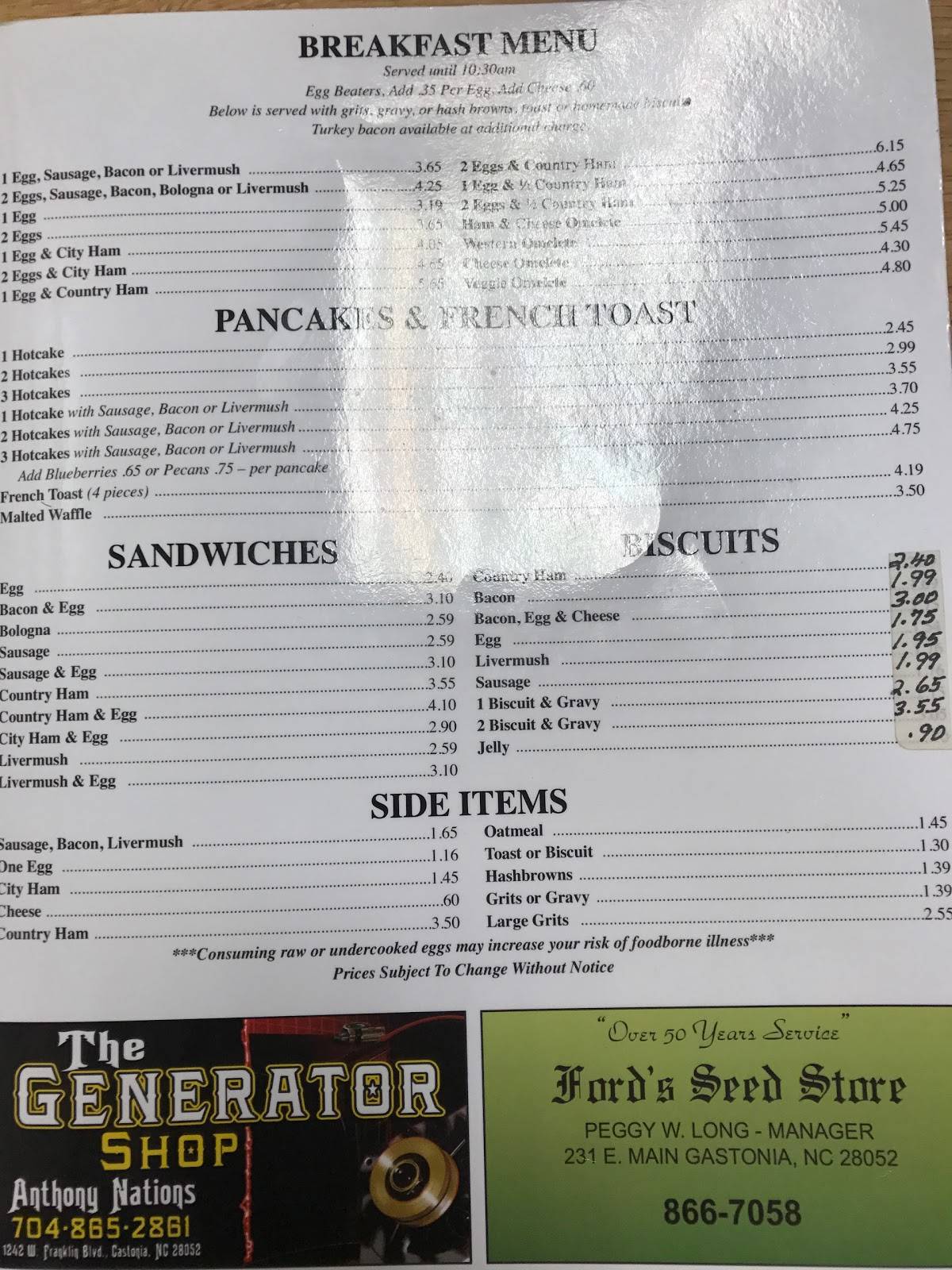 Menu at Firestone Grill restaurant, Gastonia