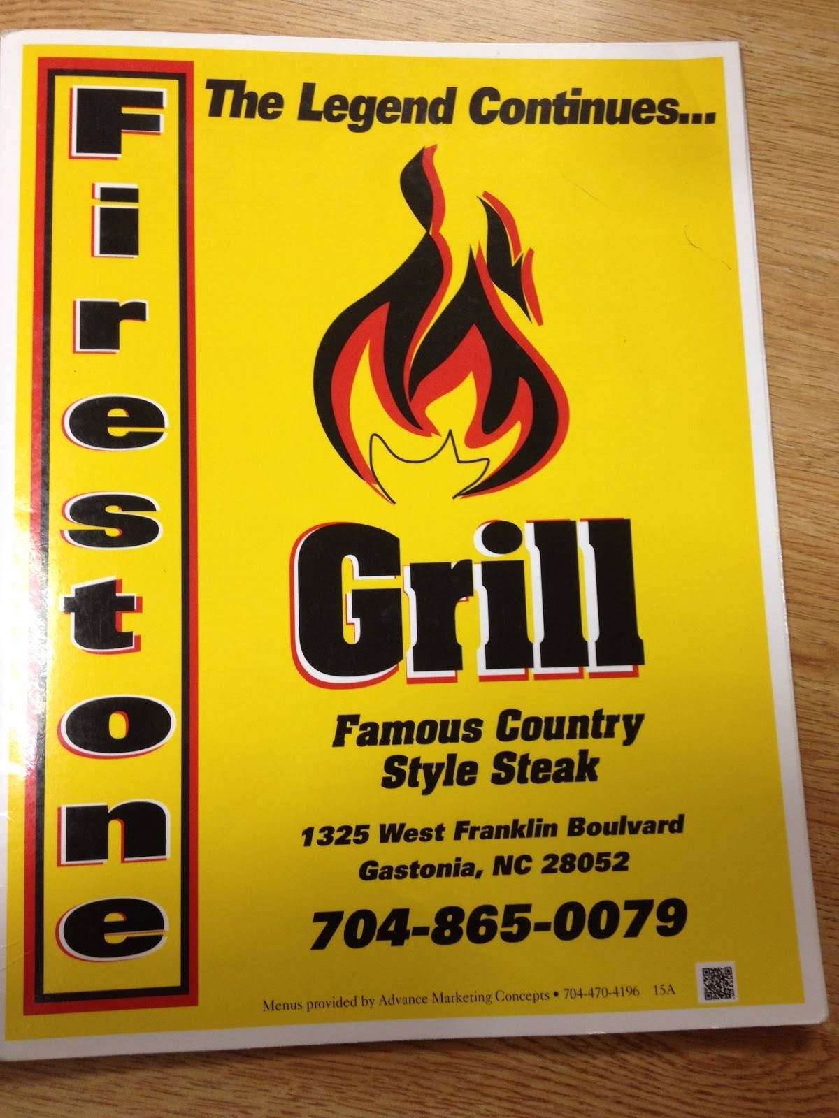 Menu at Firestone Grill restaurant, Gastonia