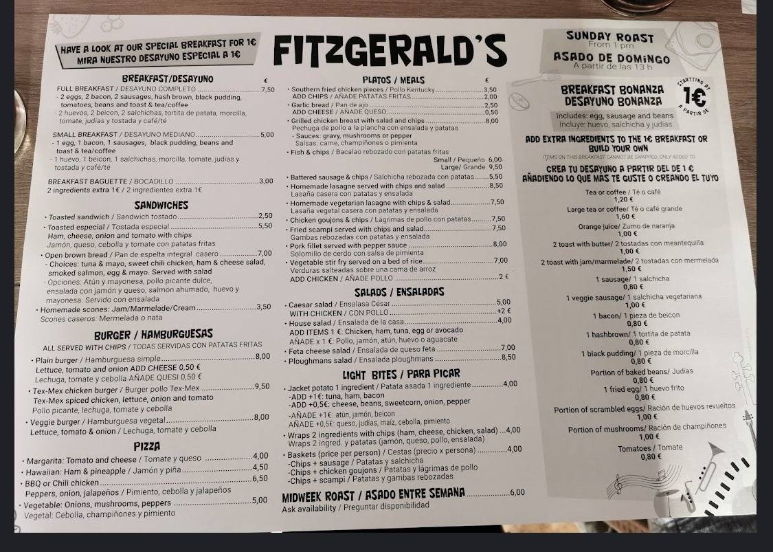 Menu at Fitzgerald's Bar & Restaurant, Nerja
