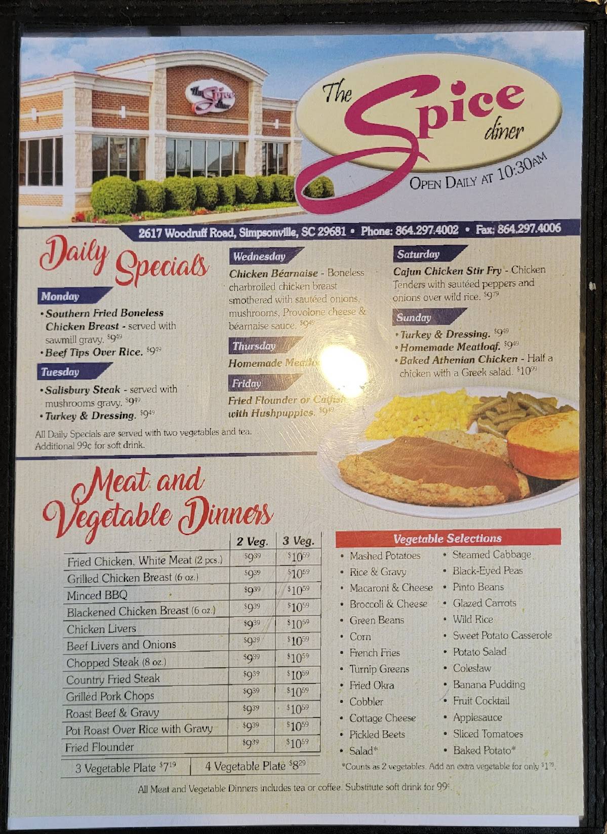 Menu at Spice Diner restaurant, Simpsonville