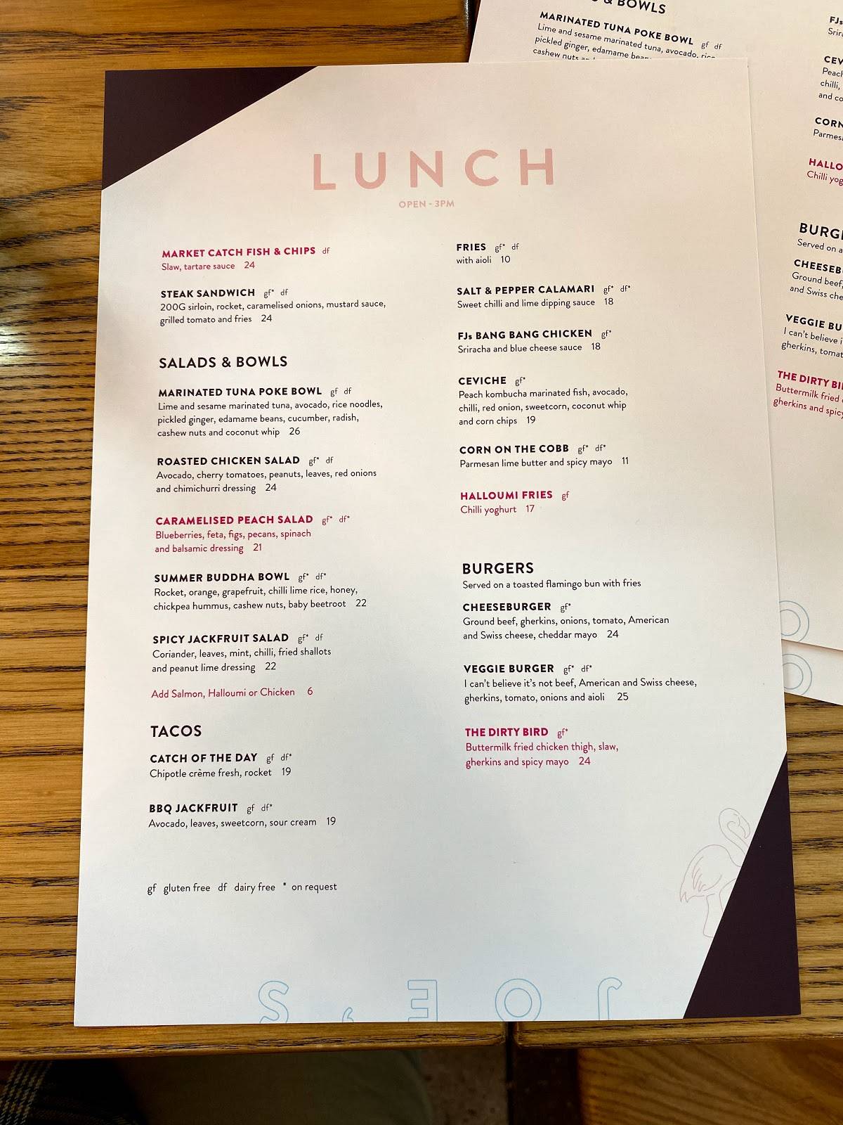Menu at Flamingo Joe's Bar & Eatery, Wellington