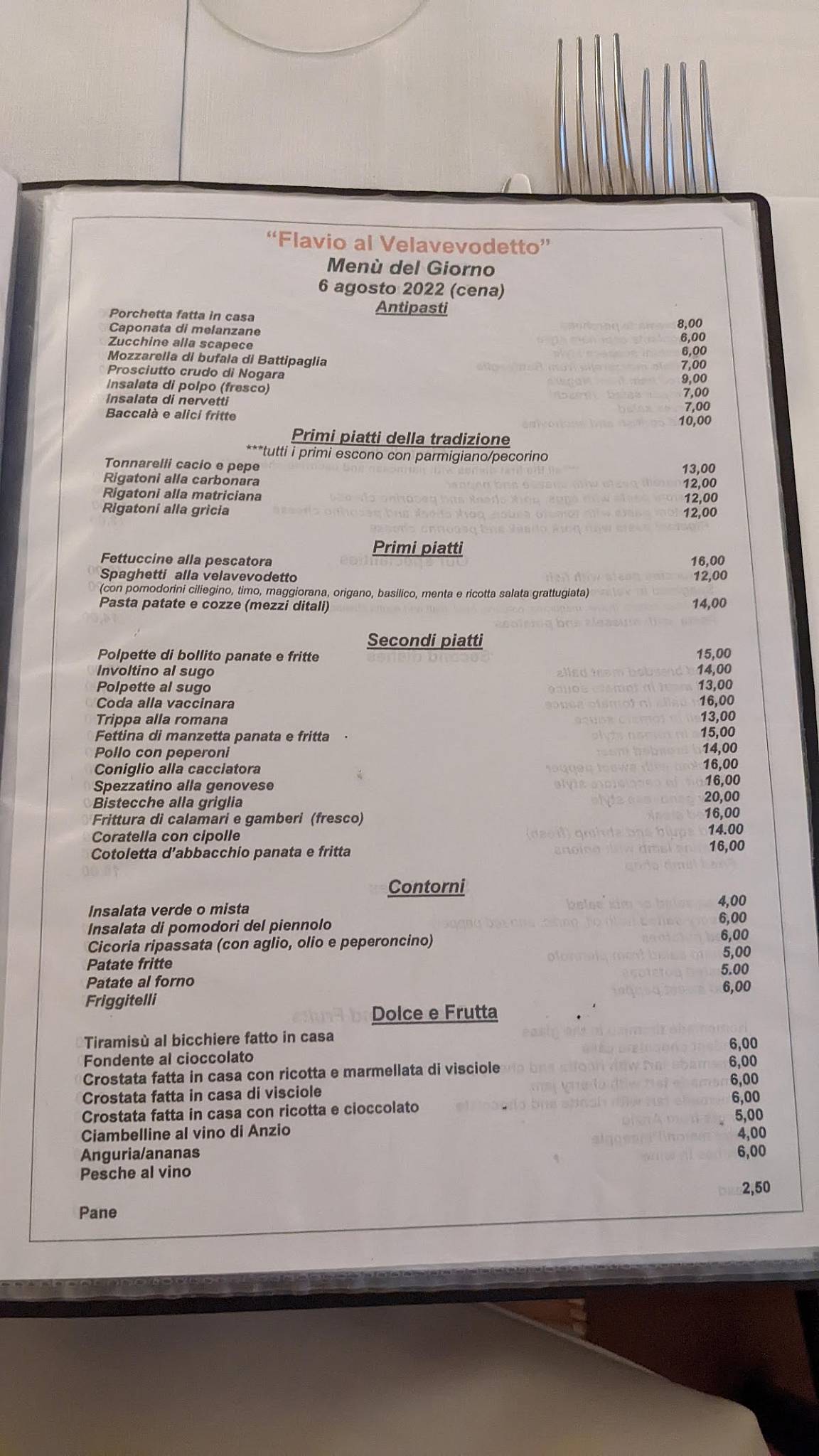 Menu at Flavio al Velavevodetto restaurant, Rome