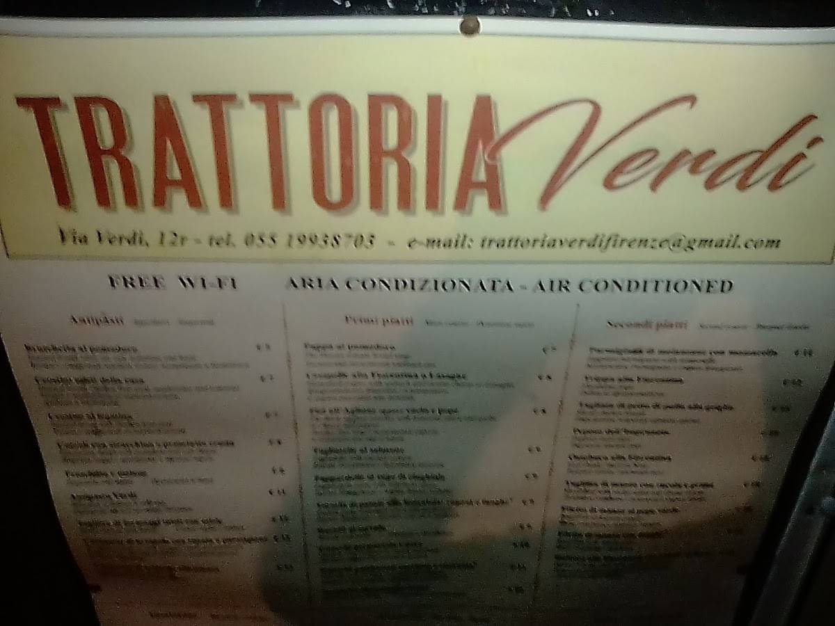 Menu at Trattoria Verdi Firenze restaurant, Florence