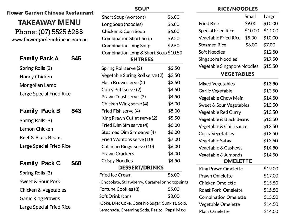 Menu at Flower Garden Chinese Restaurant, Palm Beach