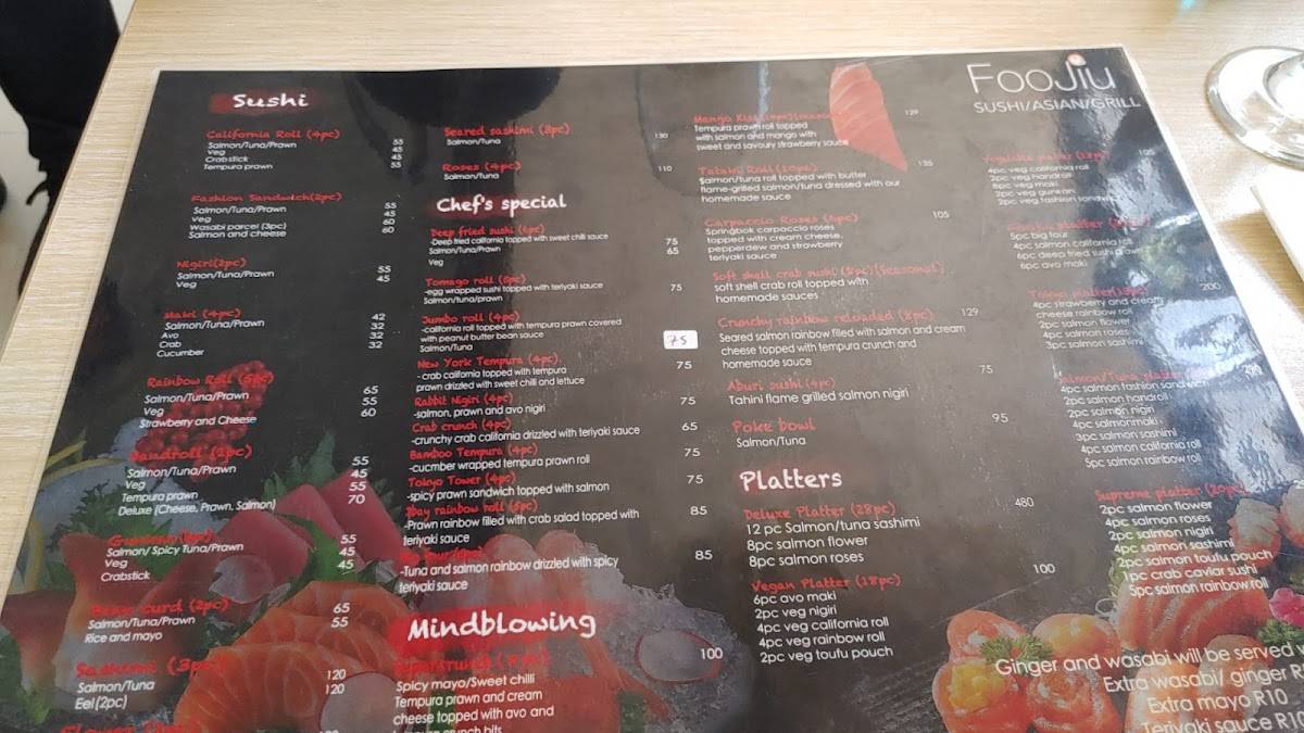 Menu at Foo Jiu Sushi restaurant, Port Elizabeth