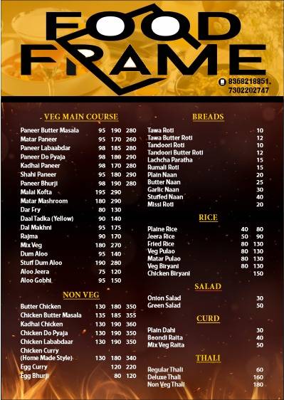 Menu at Food Frame cafe and restro, Rishikesh