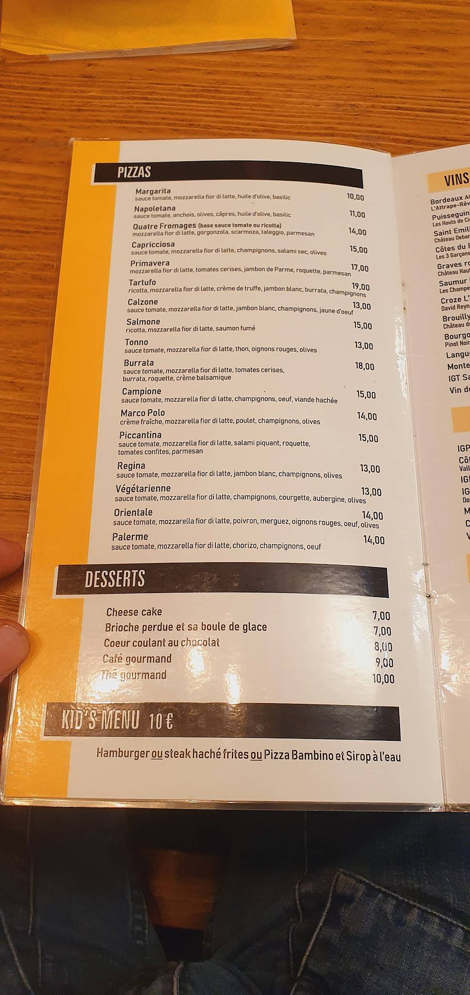 Menu au Food Park restaurant, Pantin