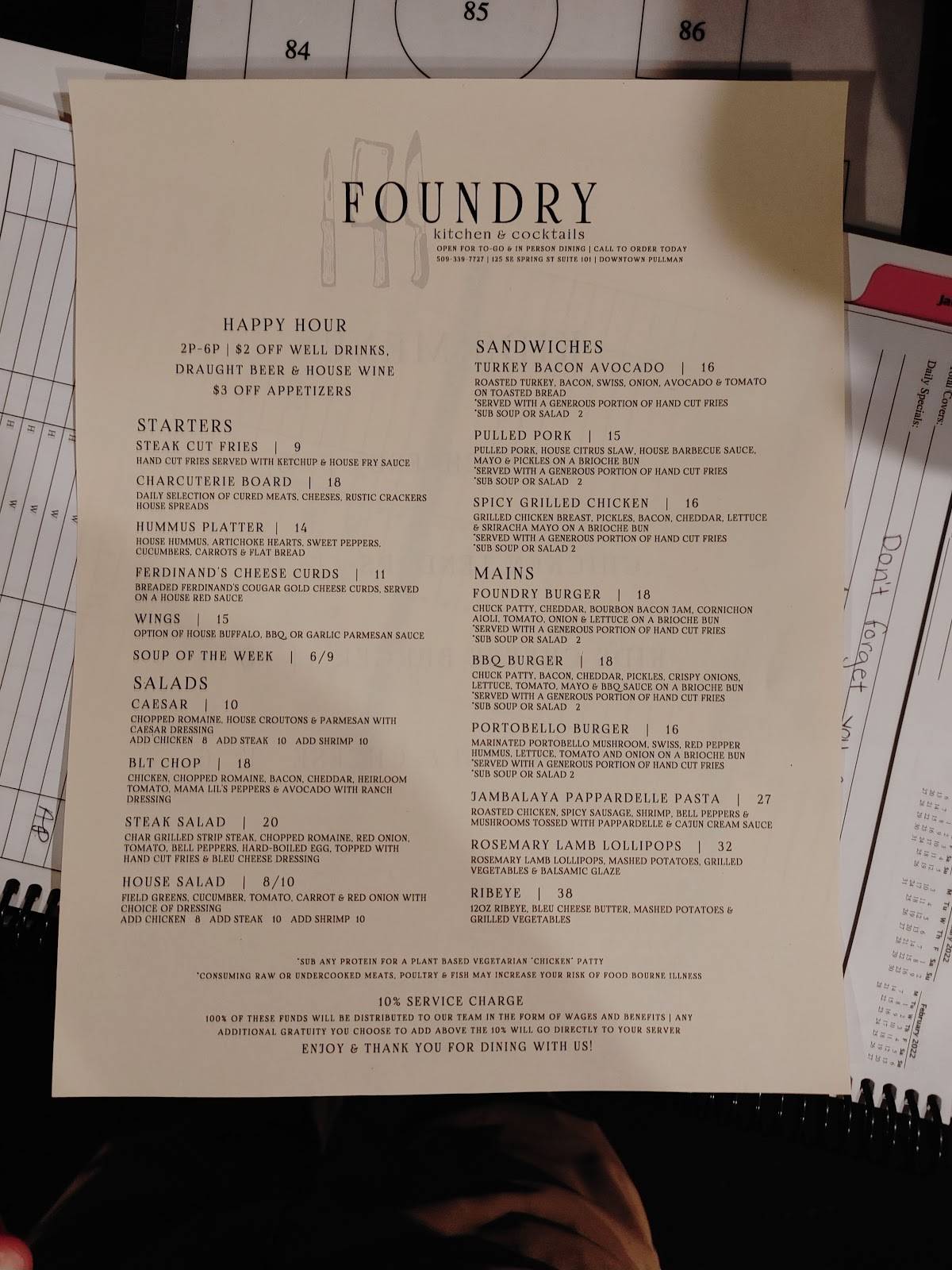 Menu at Foundry Kitchen & Cocktails pub & bar, Pullman