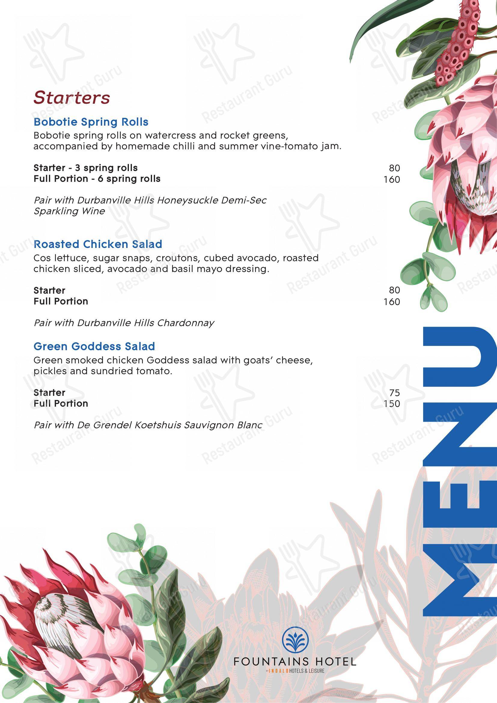 Menu at Fountains Hotel Cape Town restaurant, Cape Town