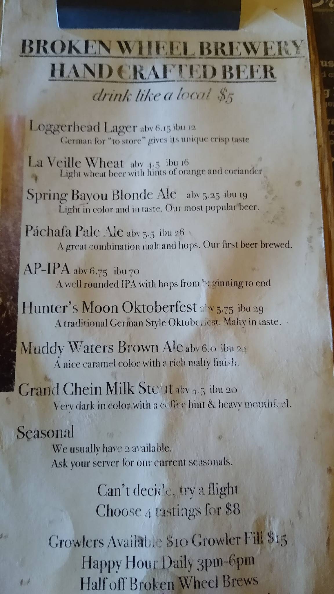 Menu at Broken Wheel Brewery & Bistro restaurant, Marksville