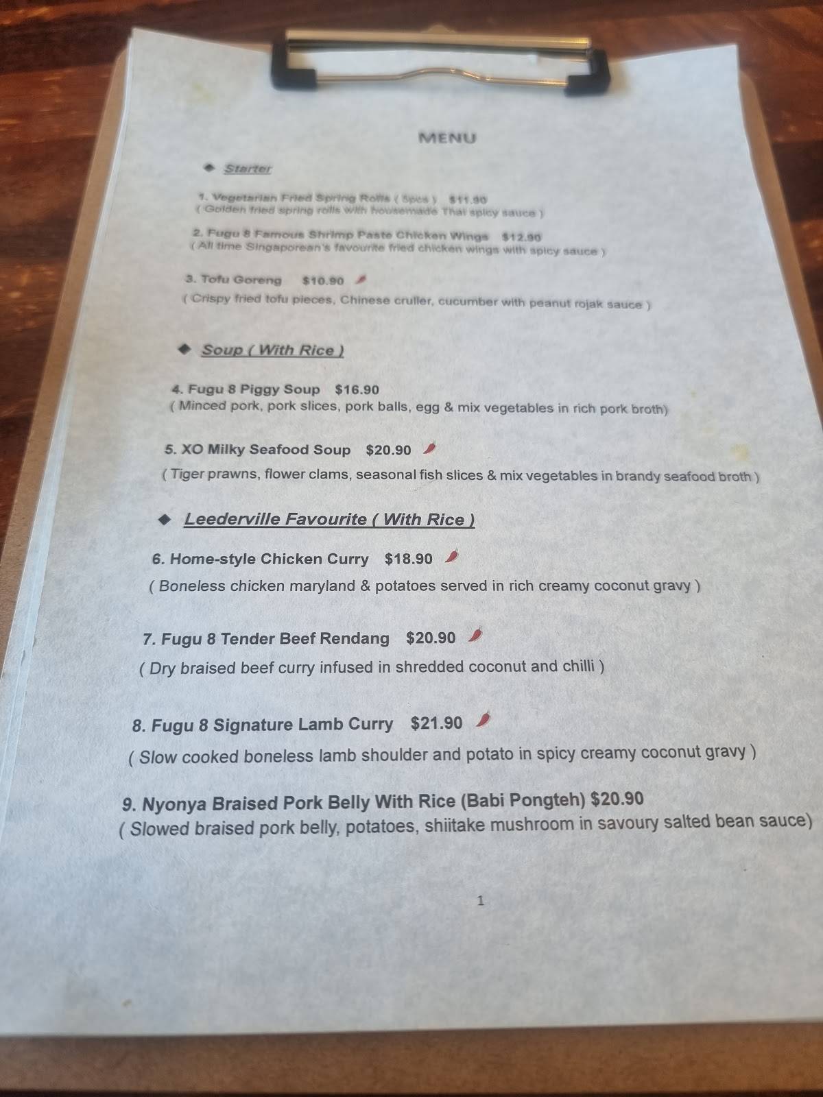 Menu at Fugu 8 Asian Cafe, West Leederville