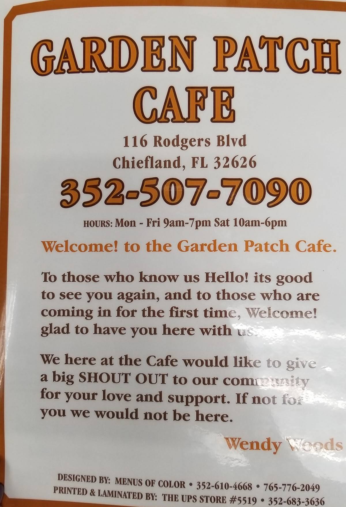 Menu at Garden Patch Cafe, Chiefland